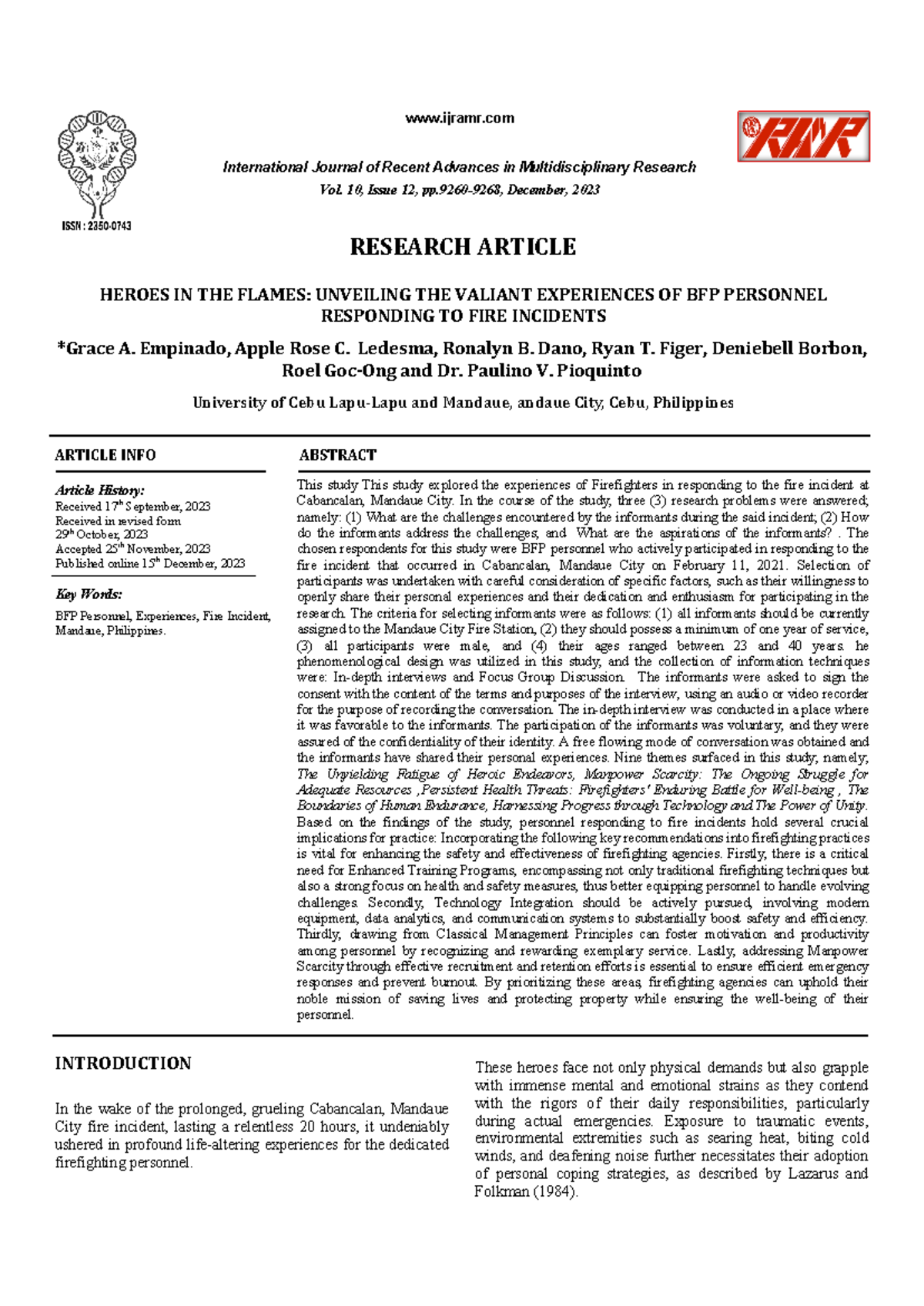 "Research on BFP Personnel's Experiences During Fire Incidents ...