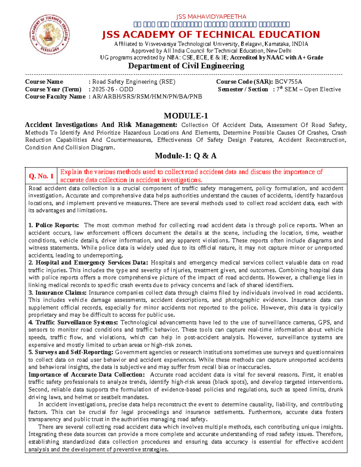 Road Safety Engineering (RSE) - BCV755A: Comprehensive Study Notes ...