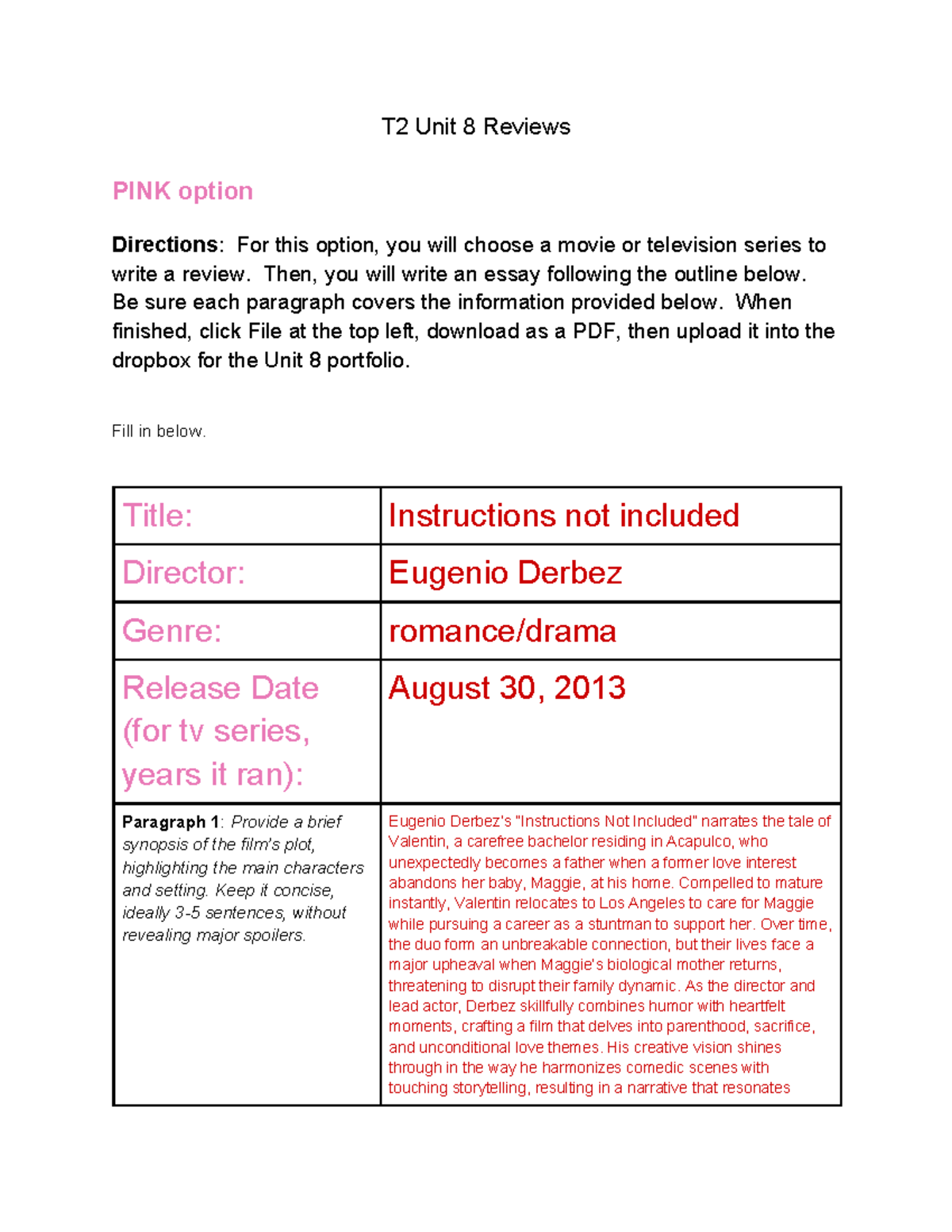 T2 Unit 8 Movie Review: "Instructions Not Included" Analysis - Studocu