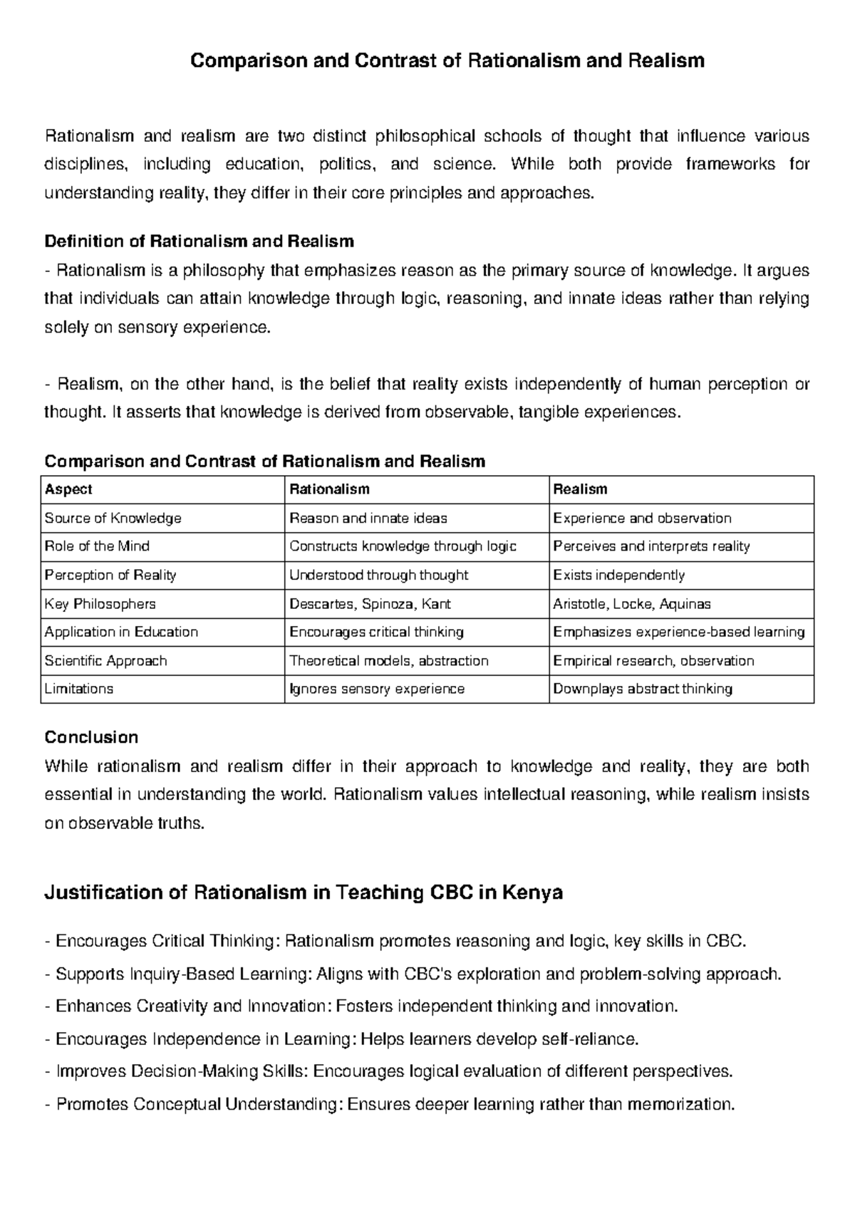 Rationalism vs Realism: A Comparative Analysis for CBC Classes - Studocu