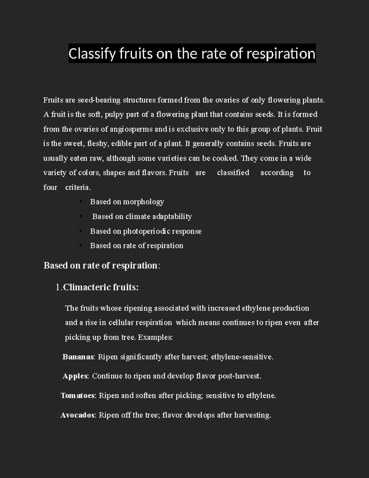 Fruits & Vegetables Respiration Classification Notes - BIO101 - Studocu