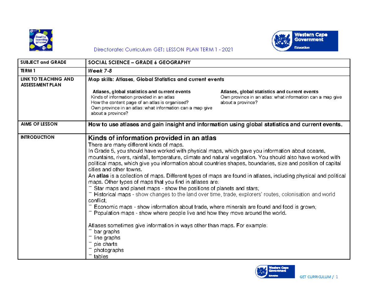 Lesson Plan IP Grade 6 SS Geography T1 W7-8: Map Skills & Global Stats ...