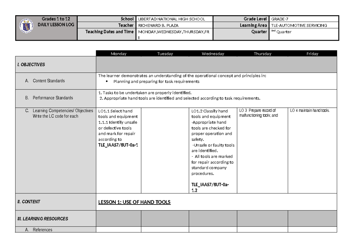 TLE-AUTOMOTIVE SERVICING Lesson Log for Daily Activities - Studocu