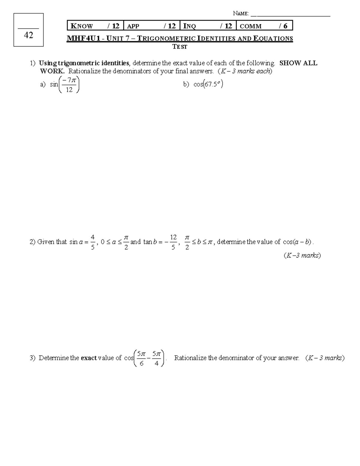 MHF4U1 Unit 7 Trigonometric Identities & Equations Practice - Studocu