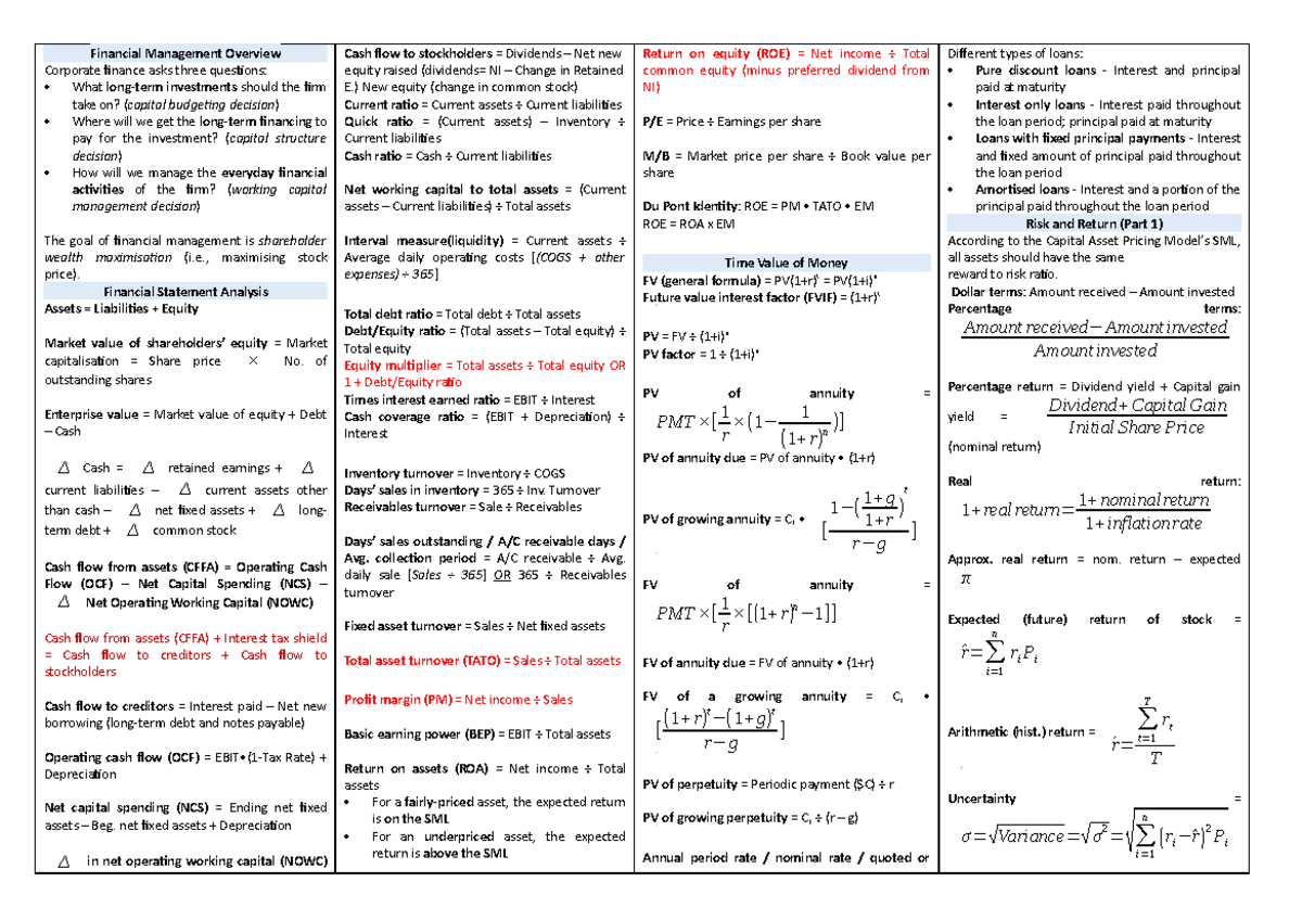 FIN2004 Cheat Sheet - 2 - Financial Management Overview Corporate ...