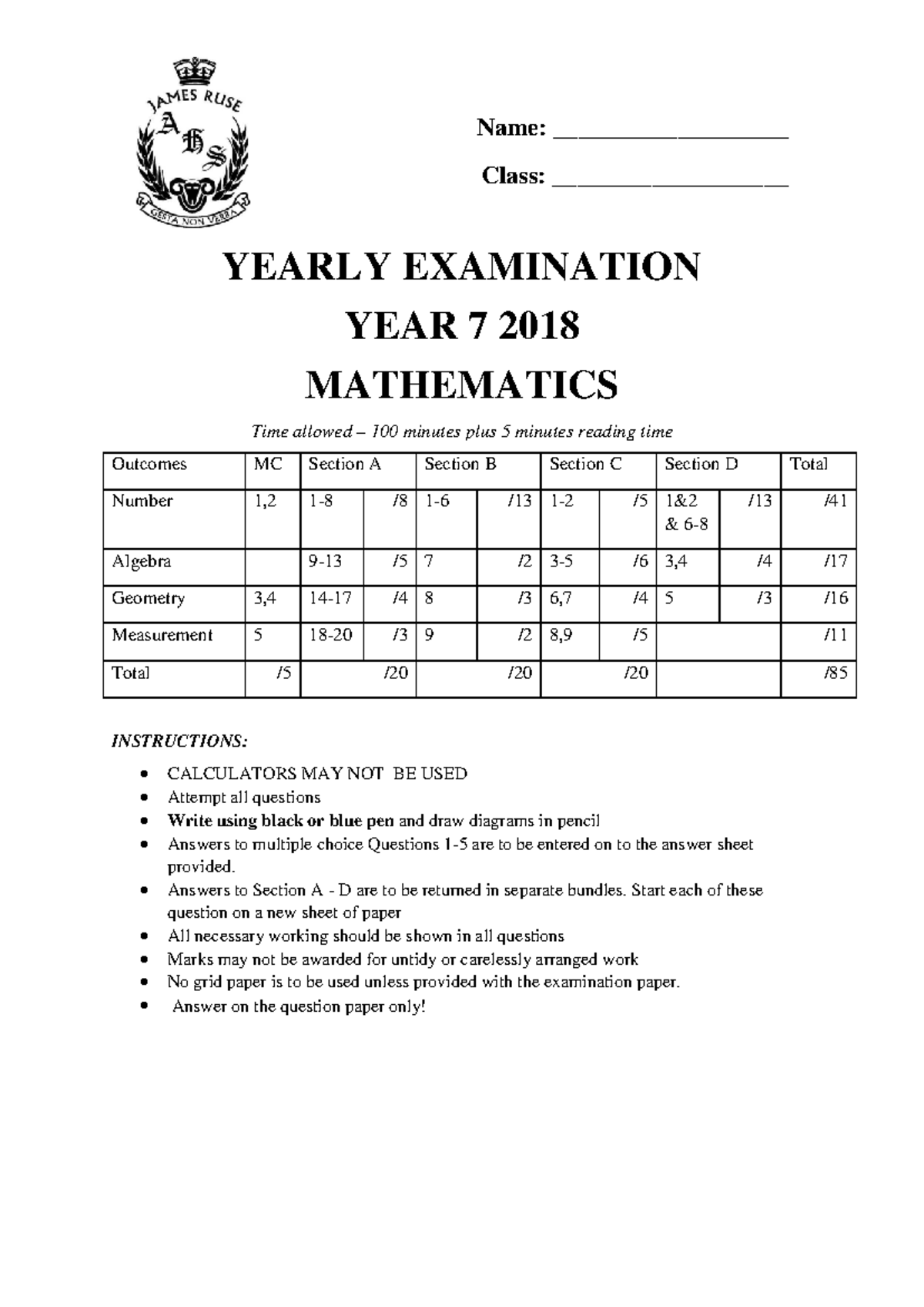 Year 7 Mathematics Yearly Exam 2018 - 100 Minutes - Studocu
