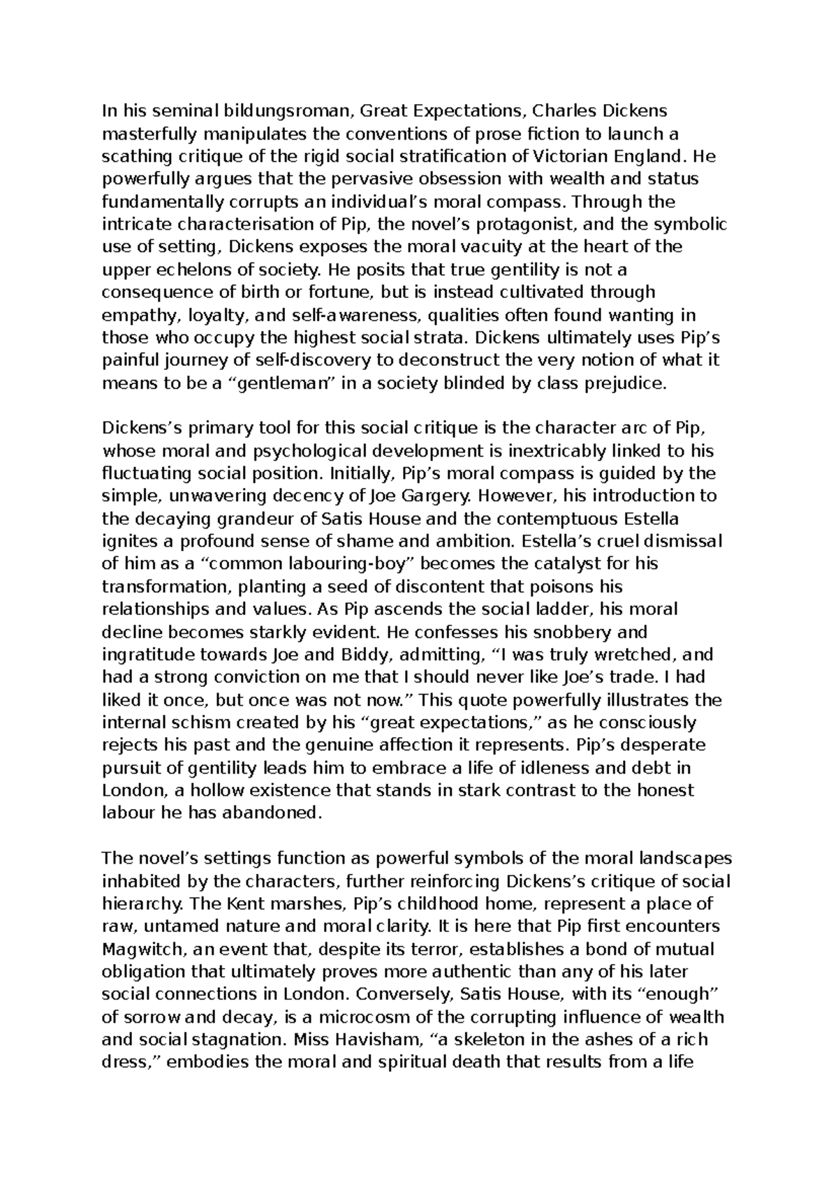Charles Dickens - Great Expectations Essay Analysis - Studocu