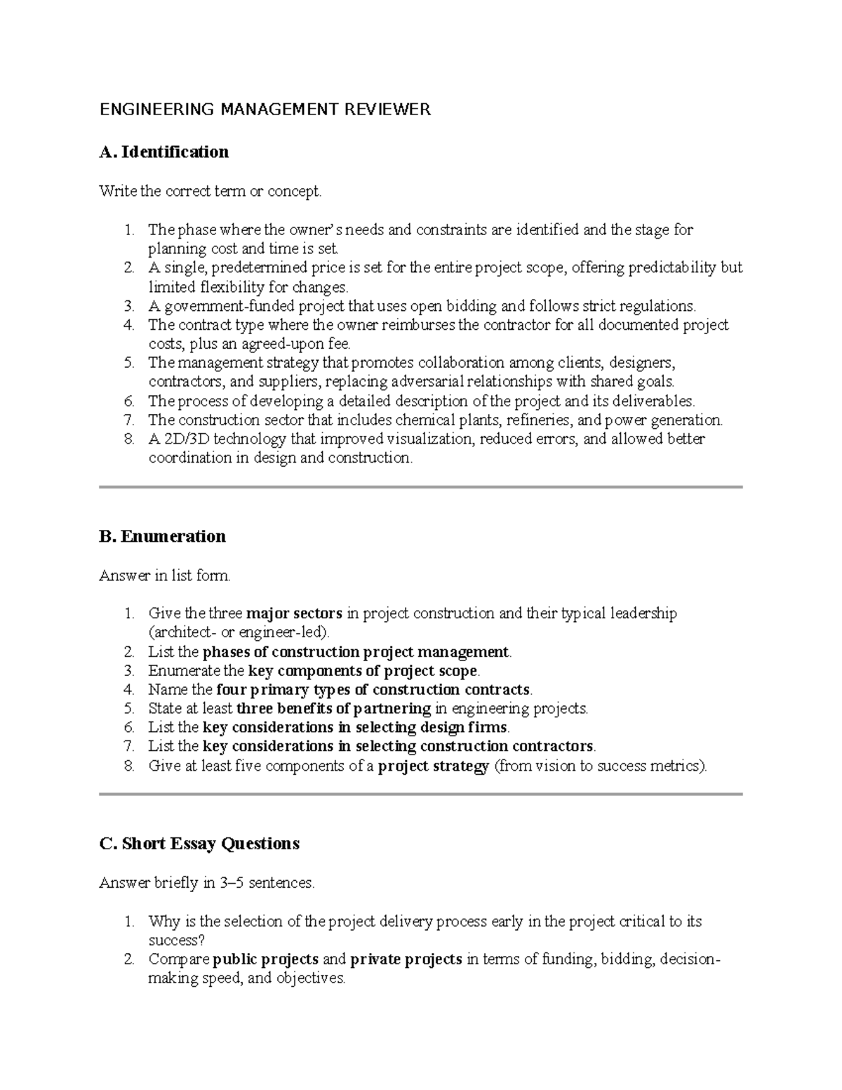 ENGR 101: Engineering Management Reviewer - Key Concepts & Definitions ...