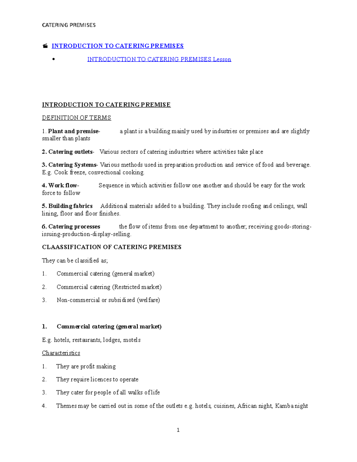 Catering Premises Lesson Notes - Definitions, Functions & Materials ...