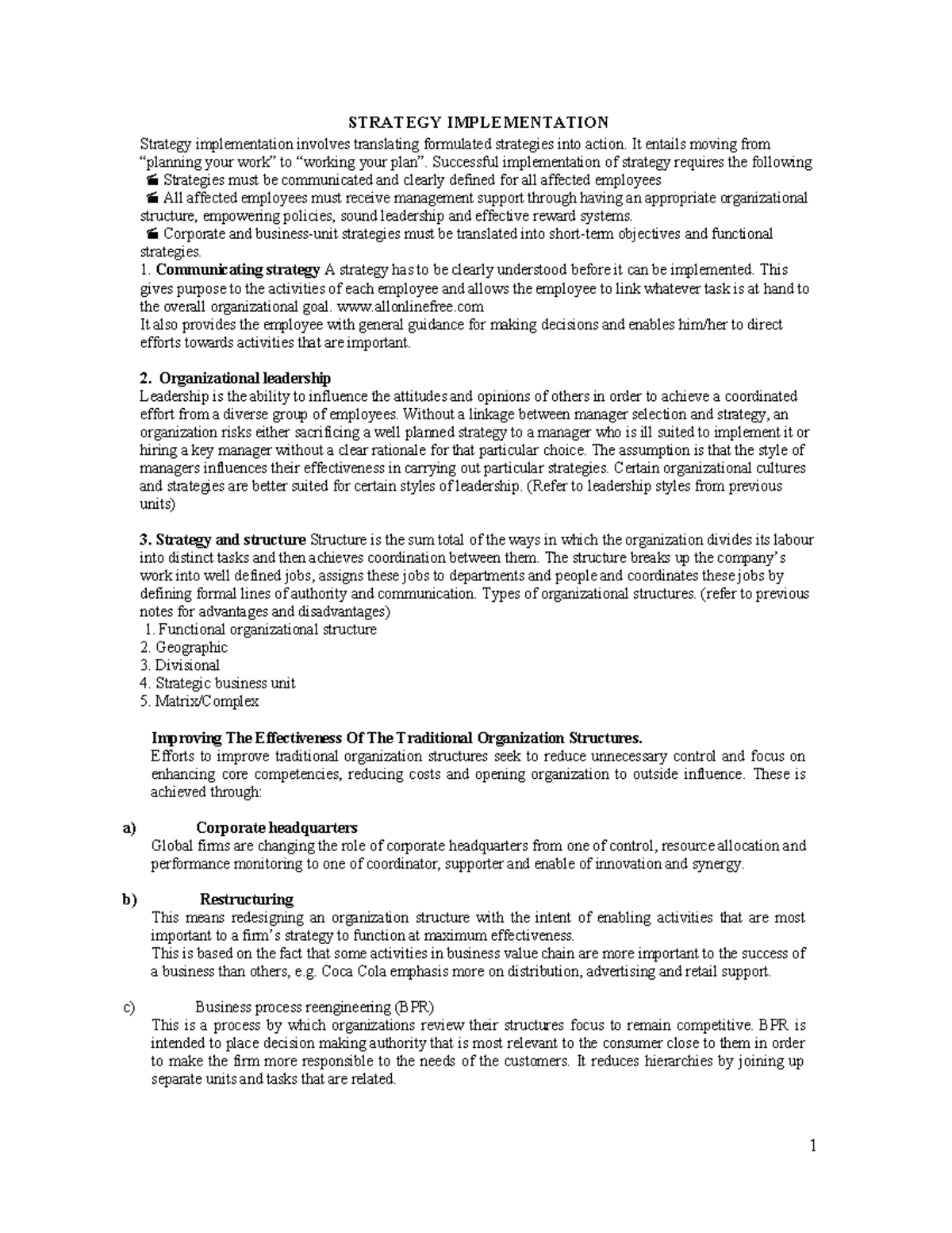STRATEGY IMPLEMENTATION: Key Concepts and Organizational Structures - Studocu