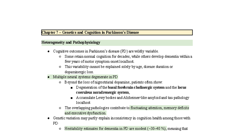 Chapter 7: Genetics and Cognition in Parkinson's Disease (PD) - Studocu
