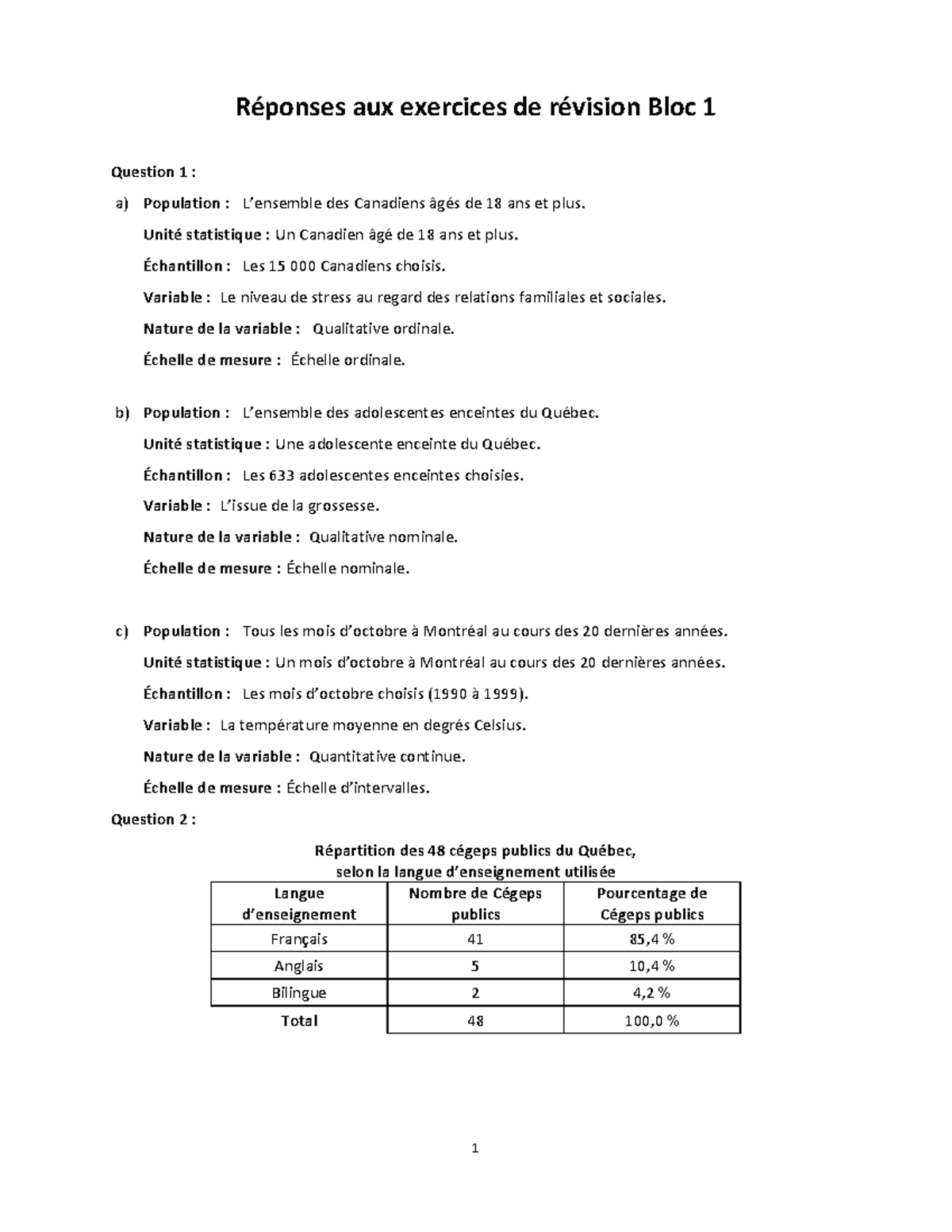 Réponses aux exercices de révision Bloc 1 - Statistiques et ...