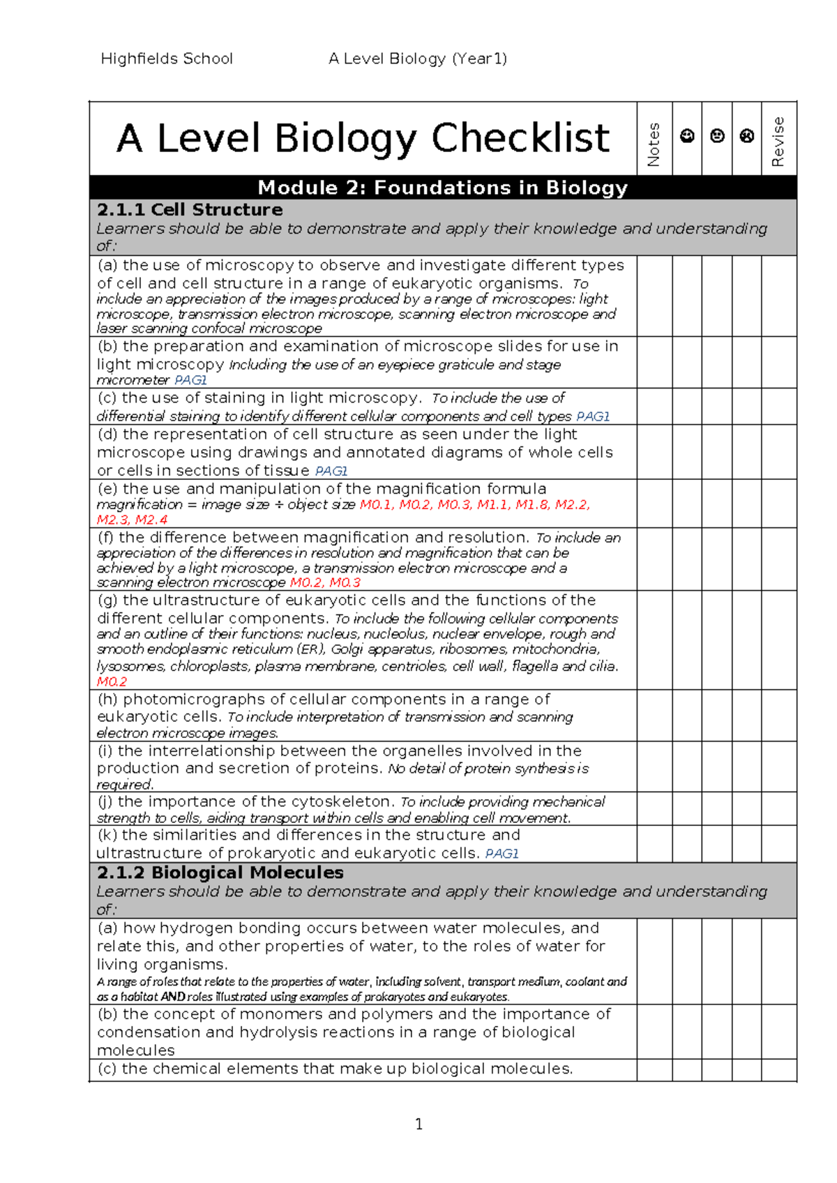 OCR A Level Biology Year 1: Comprehensive Revision Checklist - Studocu