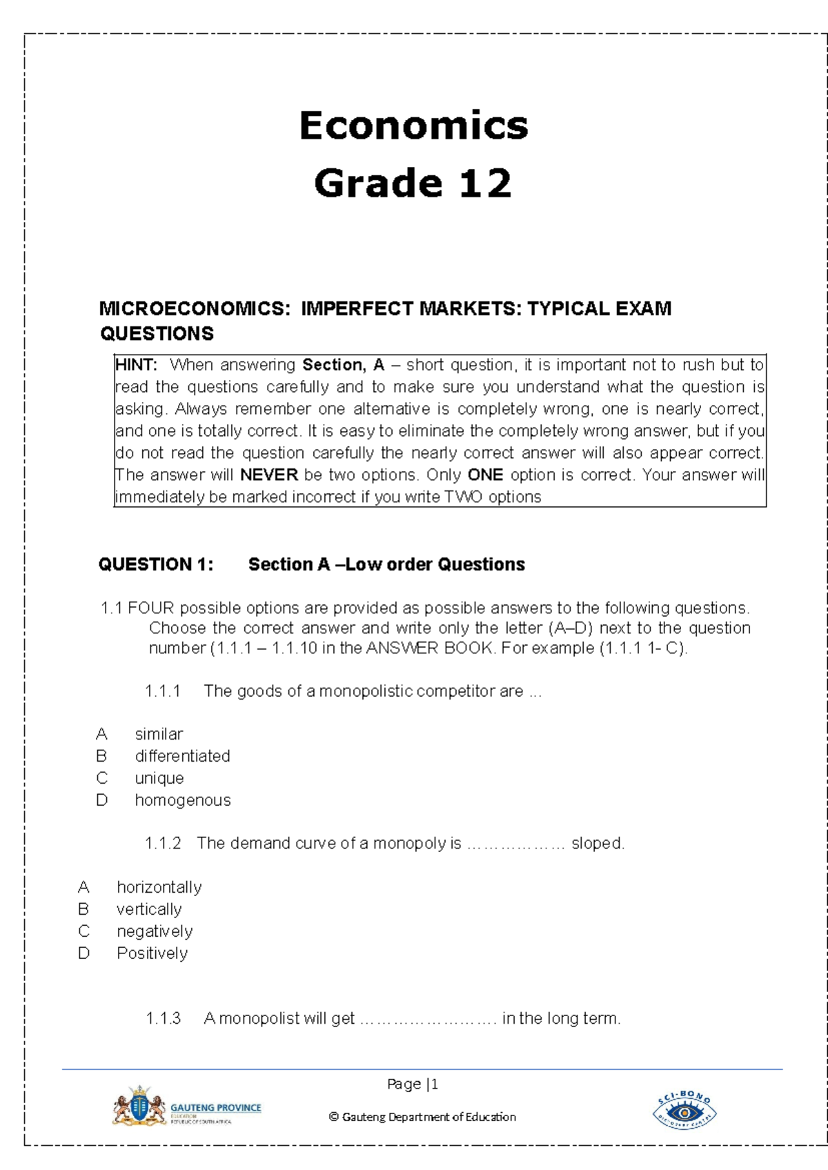 Grade 12 Economics: Microeconomics Exam Questions on Imperfect Markets ...
