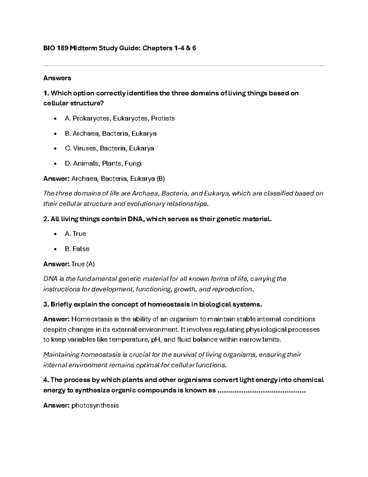 BIO 189 Midterm Study Guide: Key Concepts and Answers - Studocu