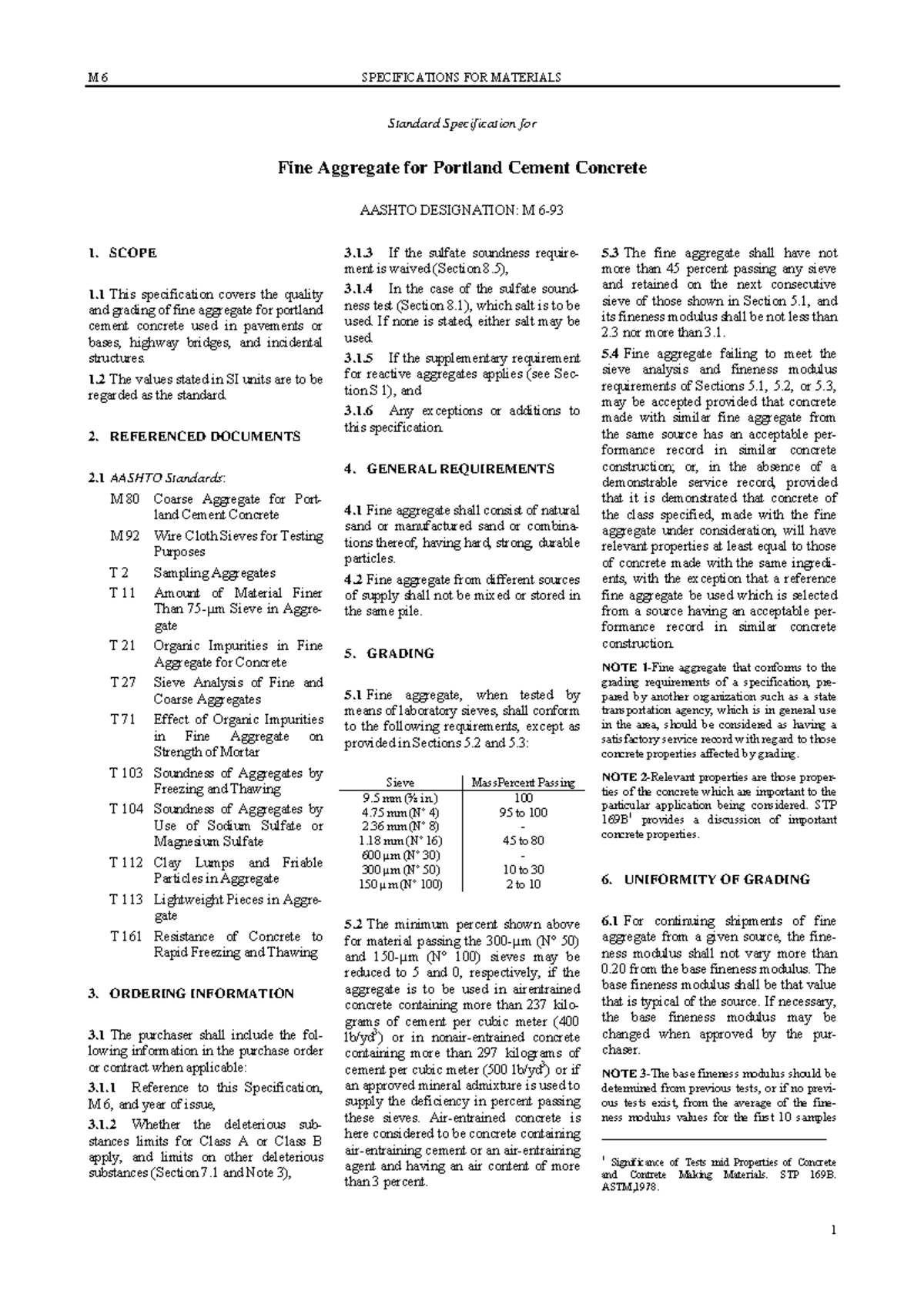 Specifications for Fine Aggregate - AASHTO M06 - Studocu