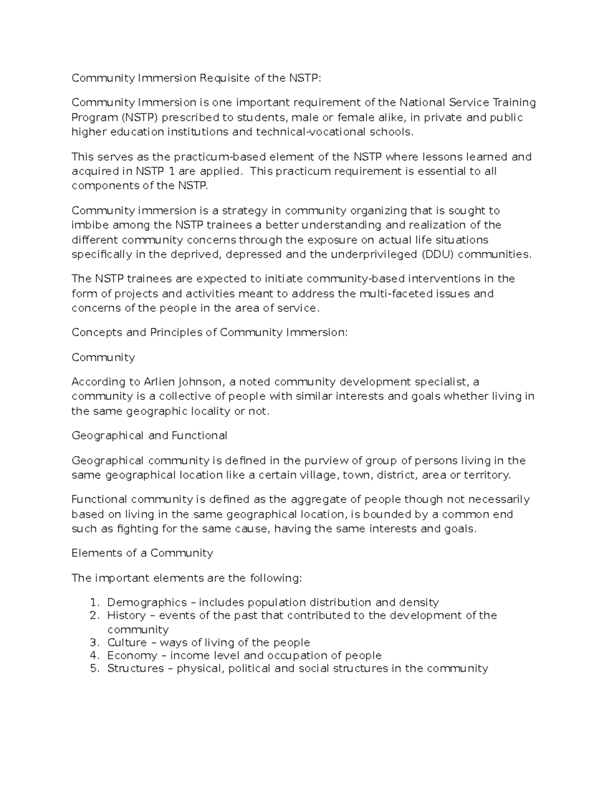 CWTS 2 Community Immersion: Understanding Community Dynamics - Studocu