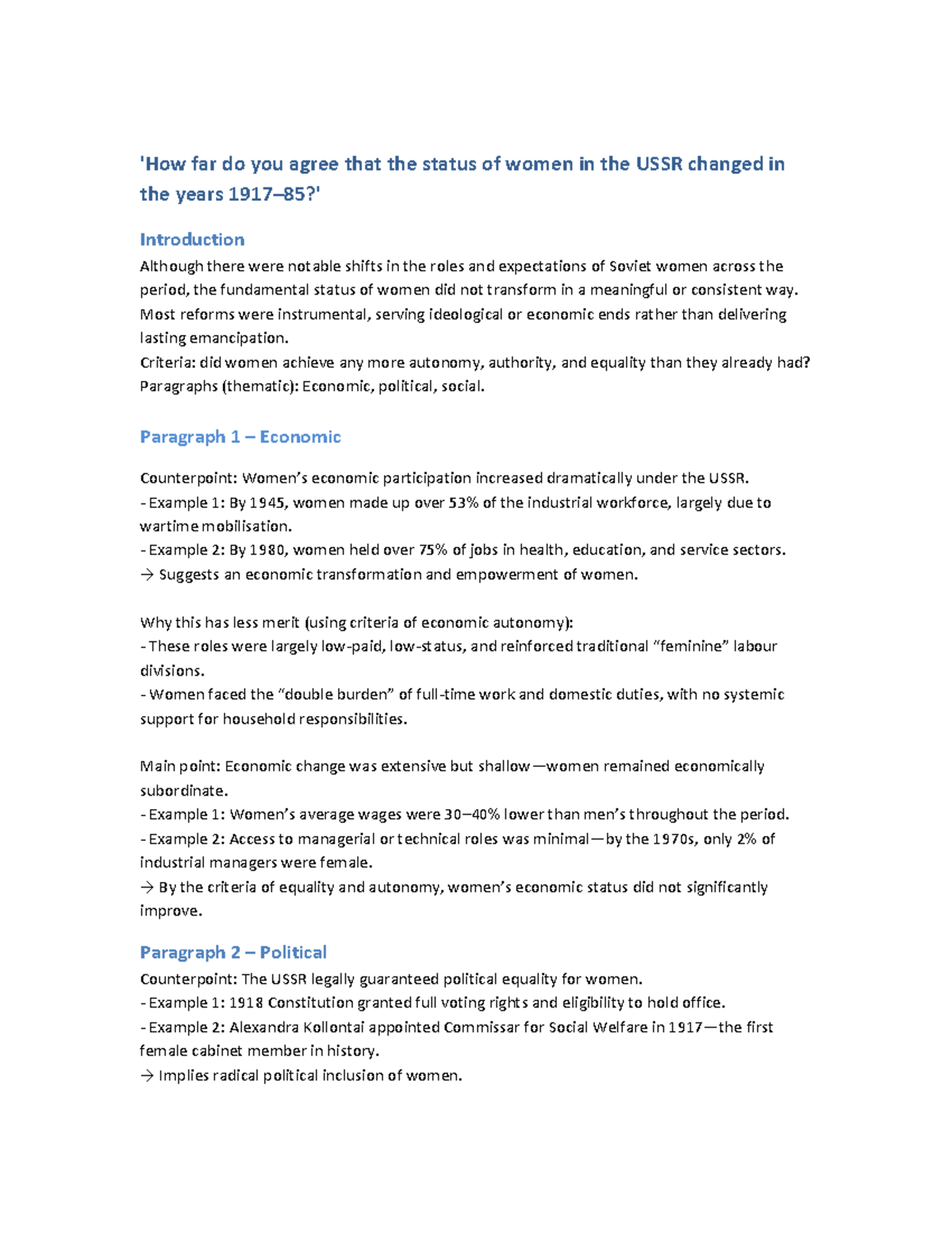 USSR Women Status Essay Plan: Examining Changes in Autonomy & Equality ...