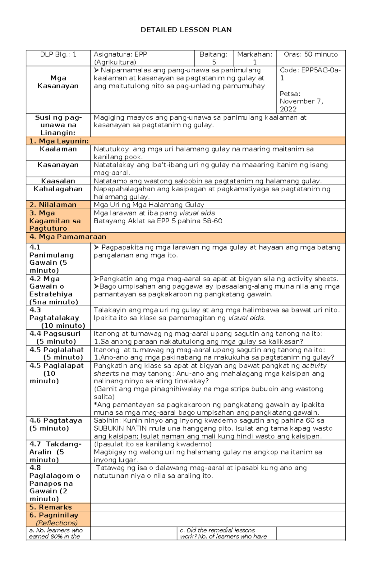 Agriculture 5 DLP - Detailed Lesson Plan on Vegetable Planting - Studocu