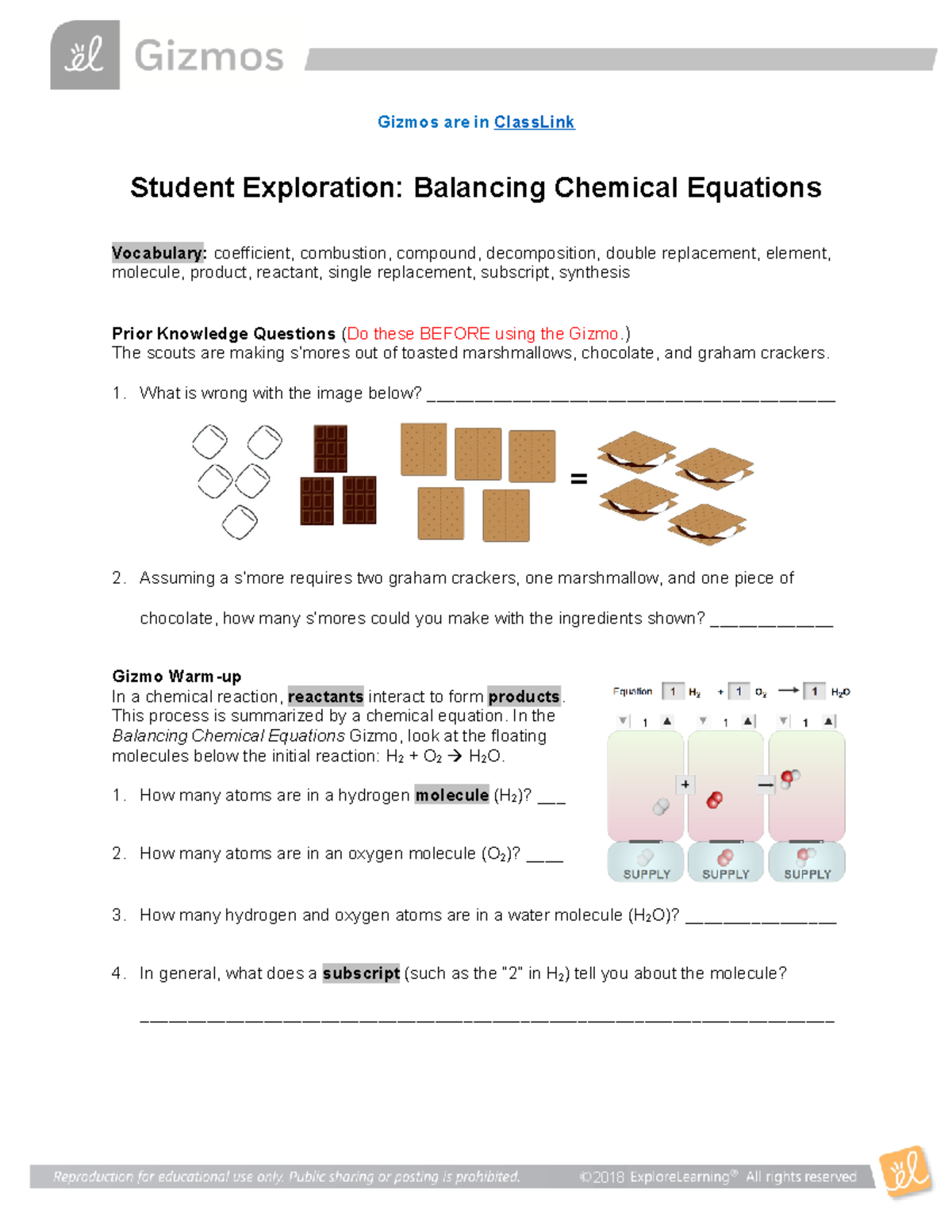 Balancing Chemical Equations - Gizmos SE Exploration Guide - Studocu