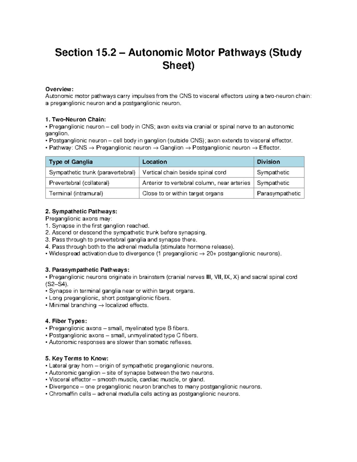 Section 15.2 Study Sheet: Overview of Autonomic Motor Pathways - Studocu