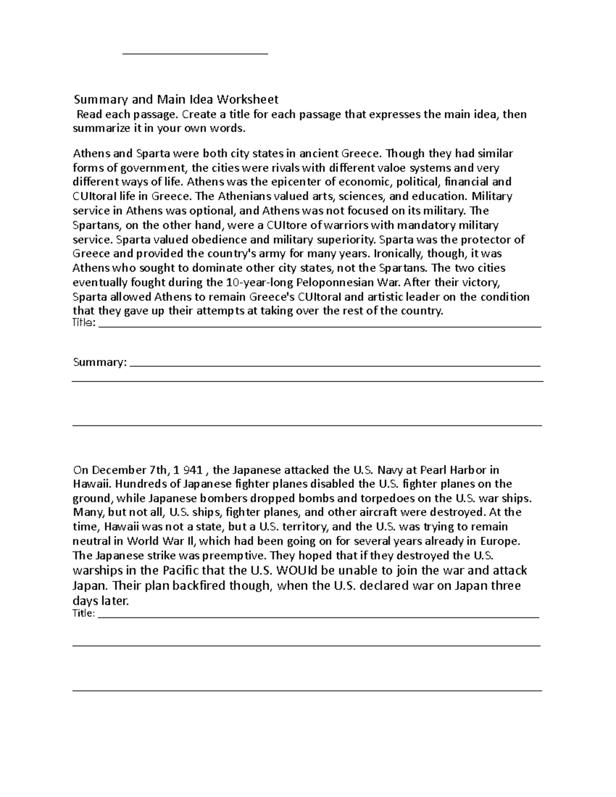 Summarizing activity - a summary - Summary and Main Idea Worksheet Read ...