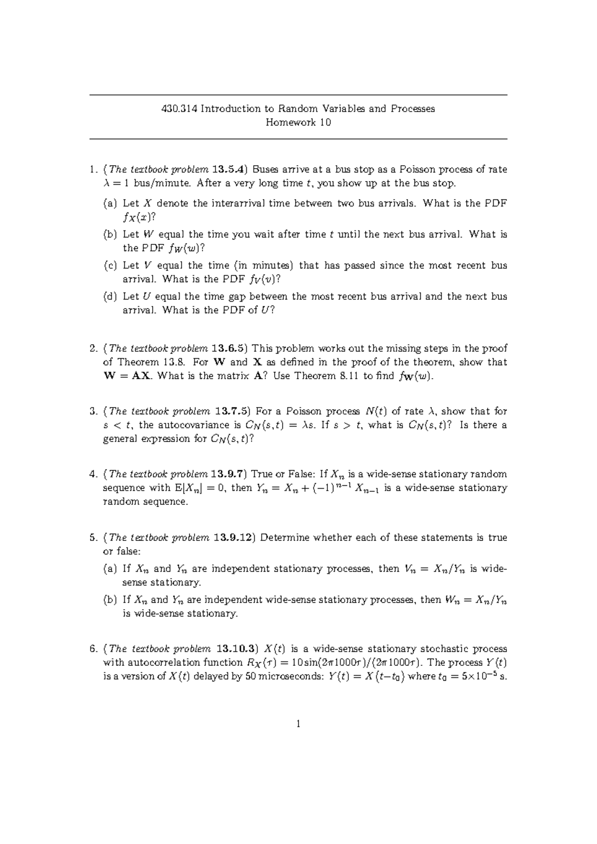 430.314 HW10: Random Variables & Poisson Processes Problems - Studocu