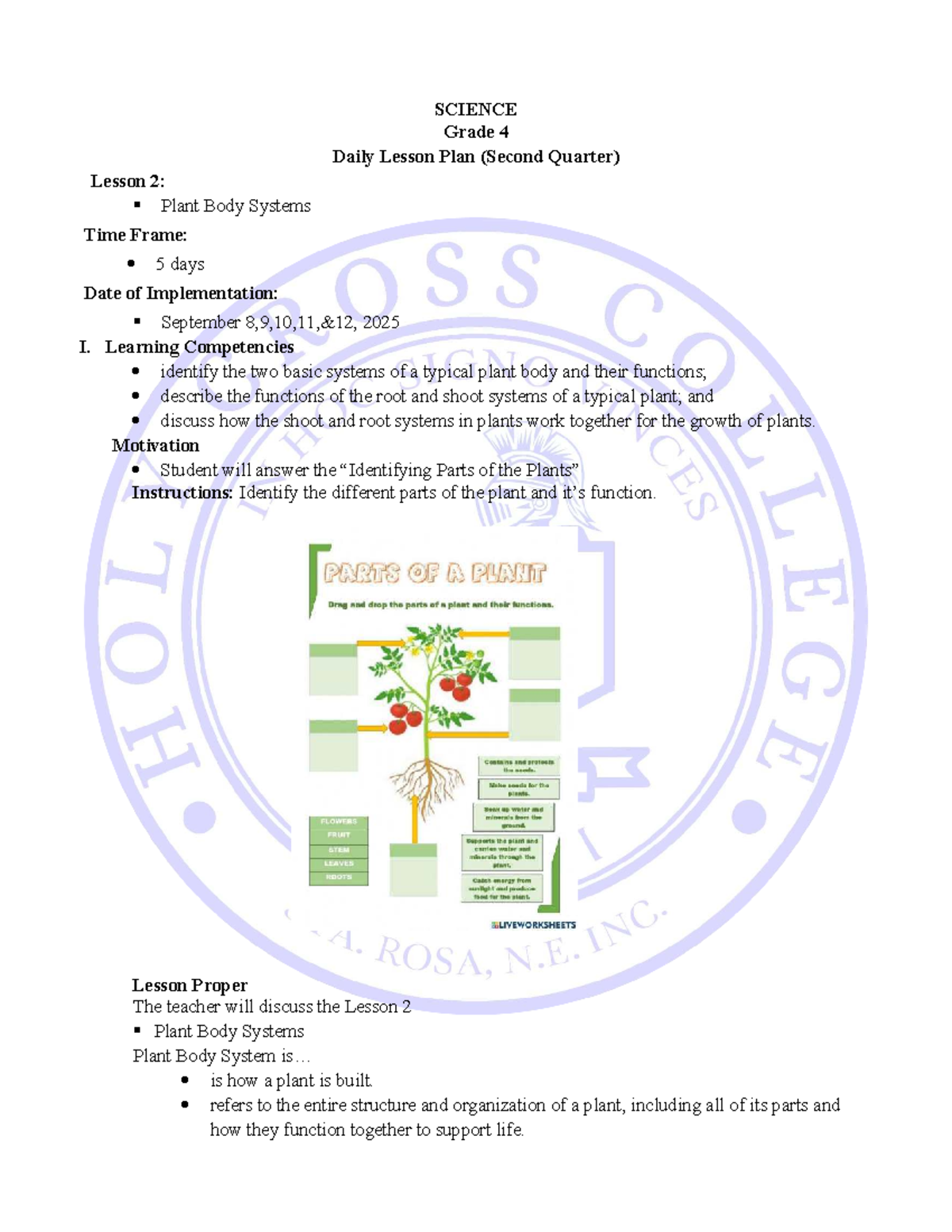SCIENCE Grade 4 Daily Lesson Plan: Plant Body Systems (2nd Qtr) - Studocu