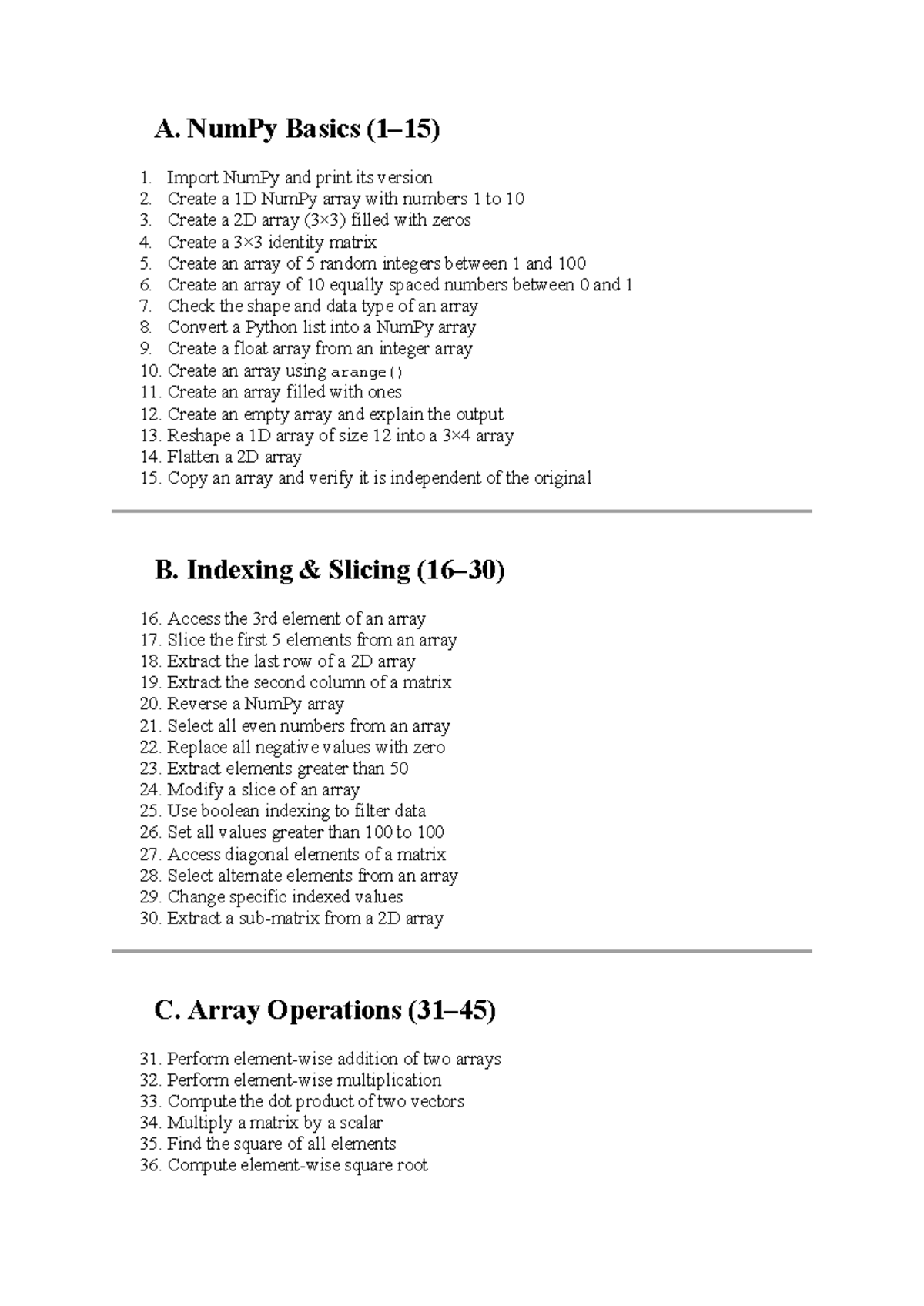 Numpy Lab Exercises: Comprehensive Guide to NumPy Basics and Operations ...