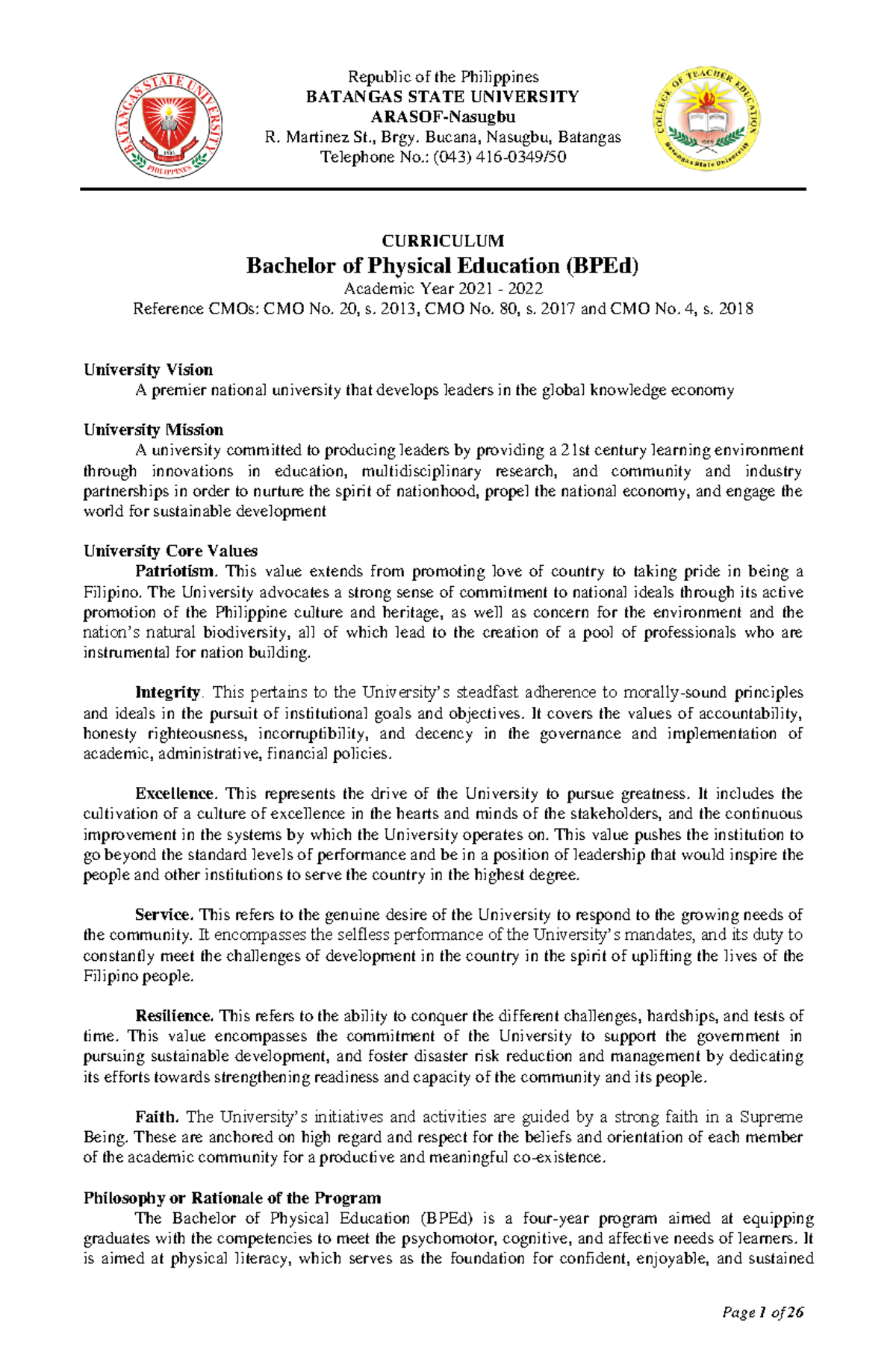 BPEd Curriculum Overview for AY 2021-2022: Revised Structure and ...