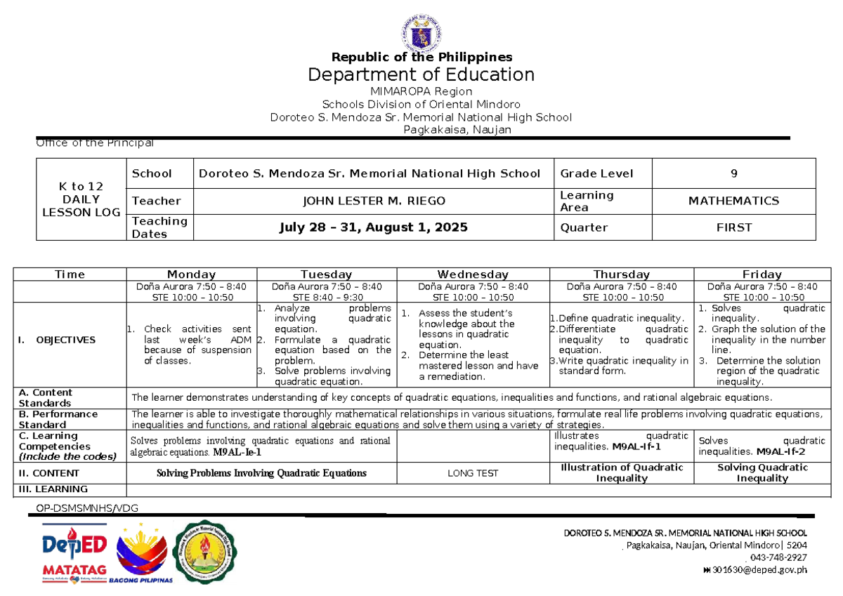 K to 12 Mathematics Daily Lesson Log (WEEK 7) - Quadratic Equations ...