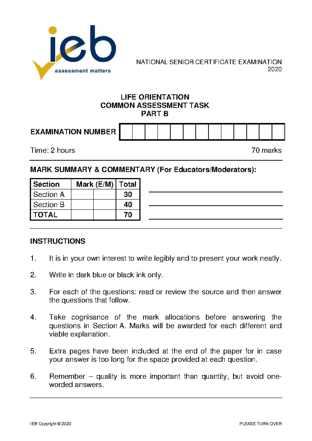 LO CAT B 2020 - Life Orientation Exam Notes and Commentary - Studocu