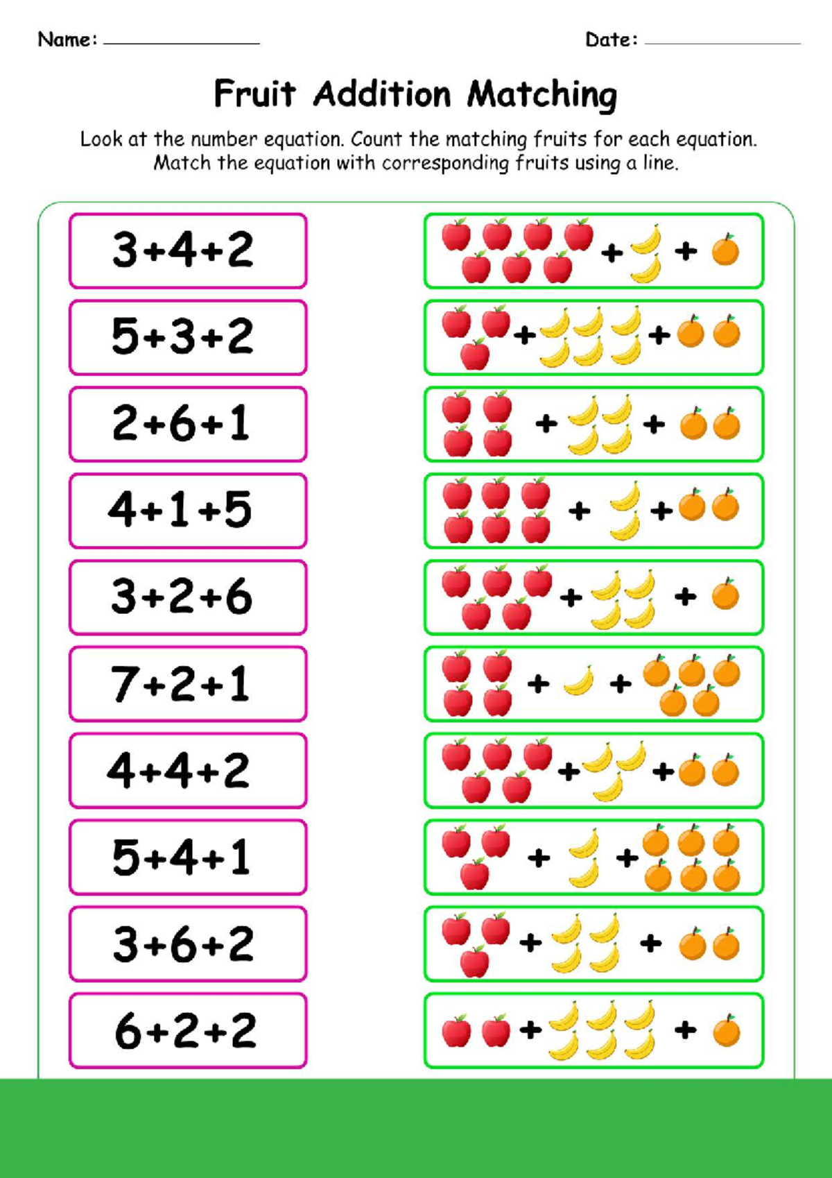 Fruit Addition Matching - 1st Grade Worksheet - Name: Date: Fruit ...