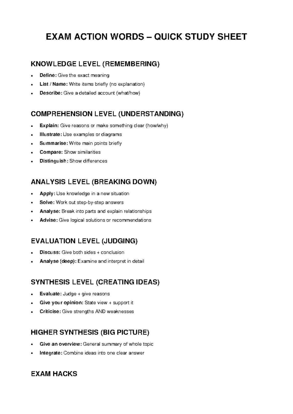 SU 1 - Exam Action Words Quick Study Sheet for Knowledge Levels - Studocu