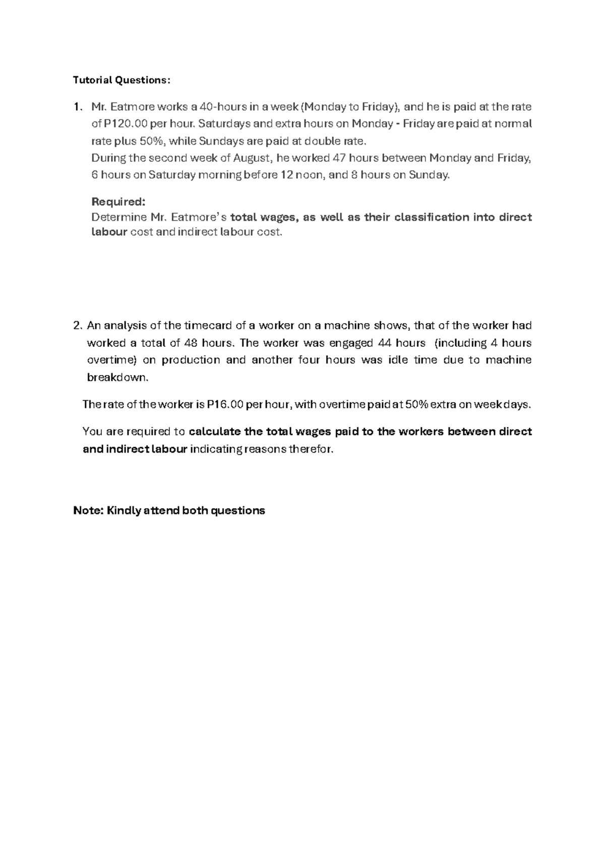 Labour Cost Control Tutorial Questions: Wage Calculations ...