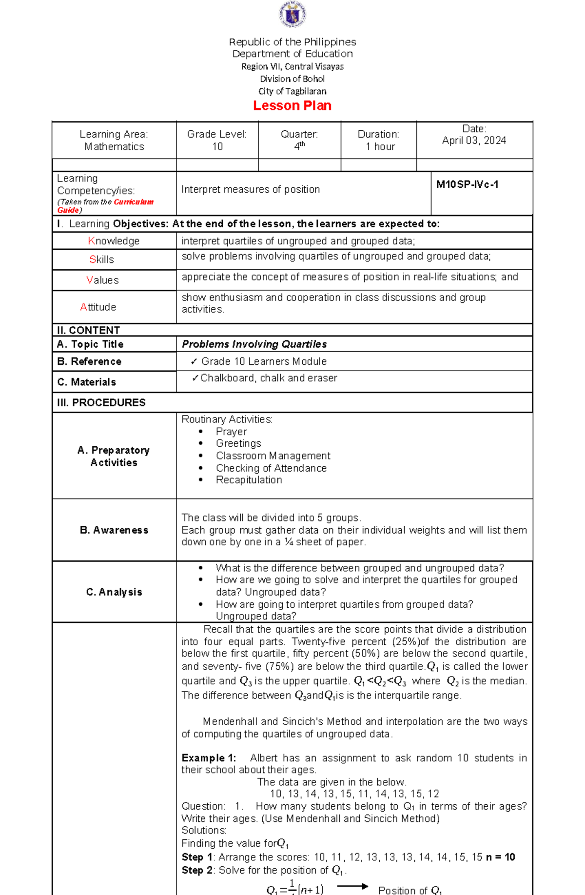 Grade 10 Math Lesson Plan: Problems Involving Quartiles (M10SP-IVc ...