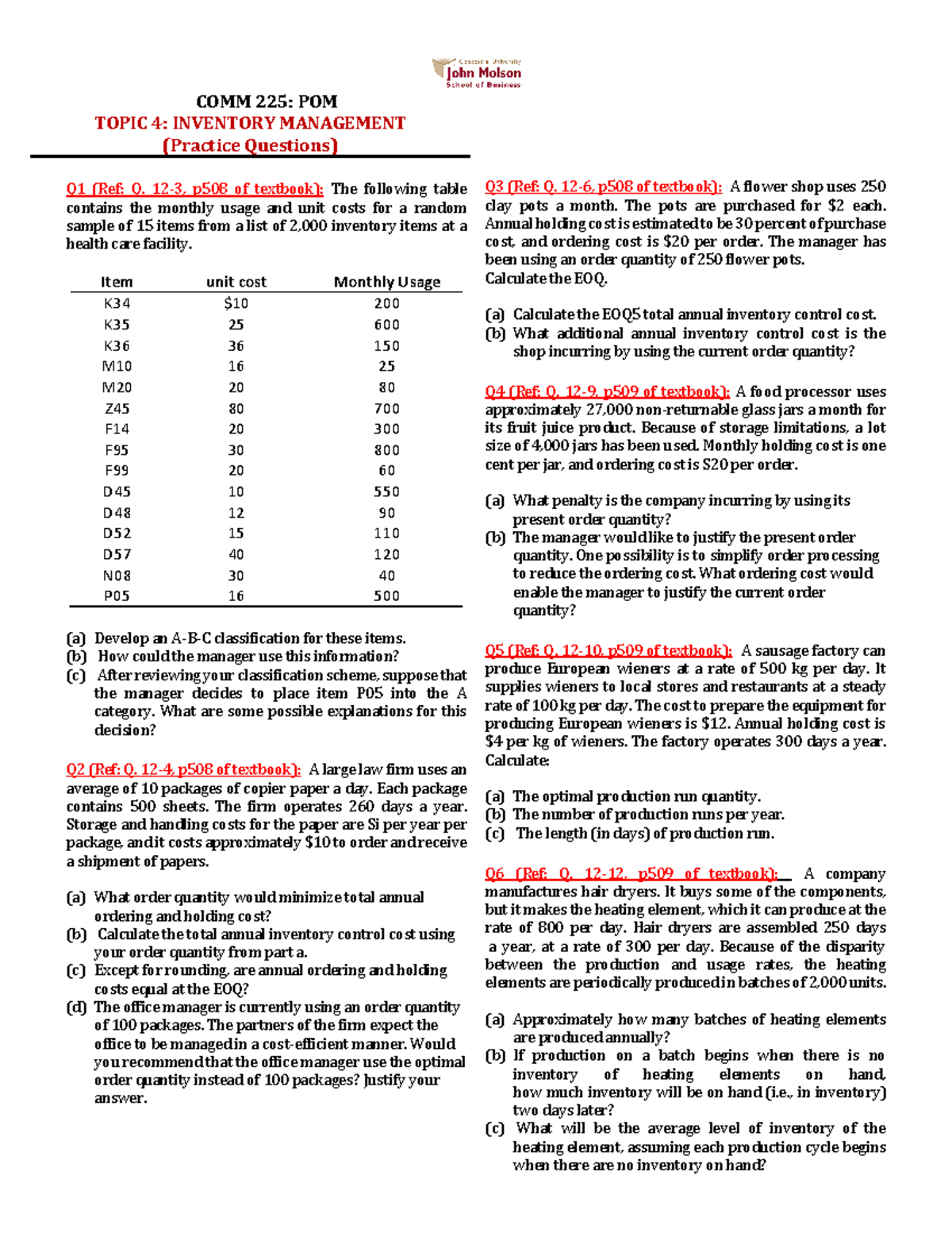 COMM 225: POM - Inventory Management Practice Questions - Studocu