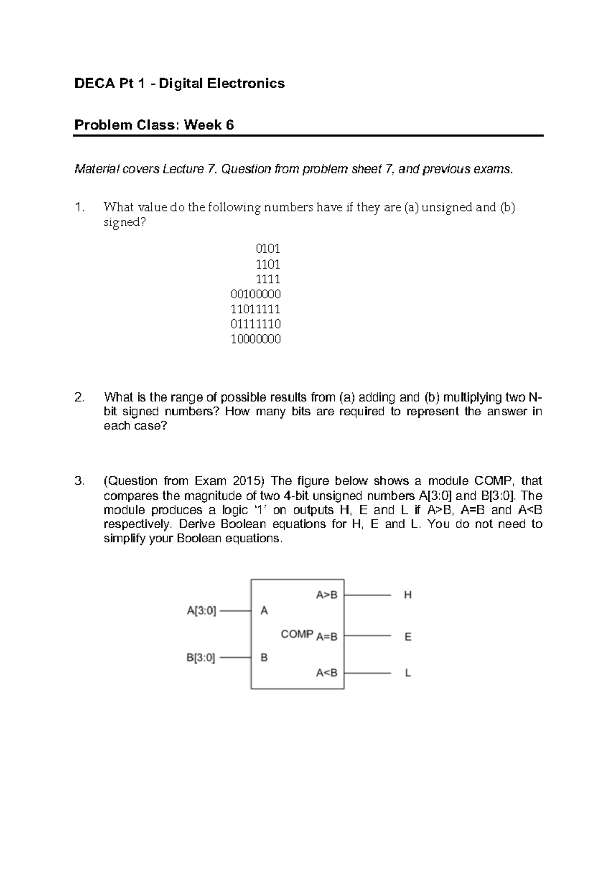 Problem classes 7-8 (Week 6) - DECA Pt 1 - Digital Electronics Problem Class: Week 6 Material ...