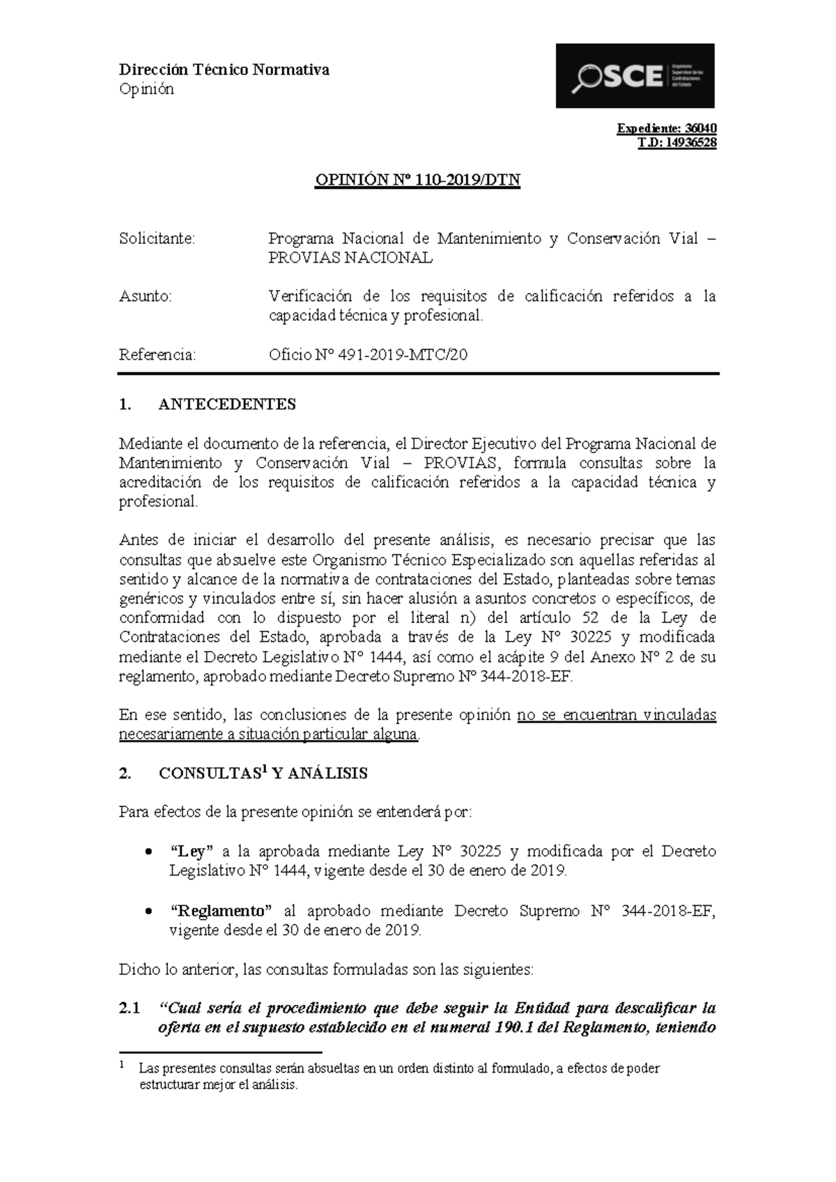 Opinión Técnica sobre Requisitos de Calificación - DTN 2019 - Studocu