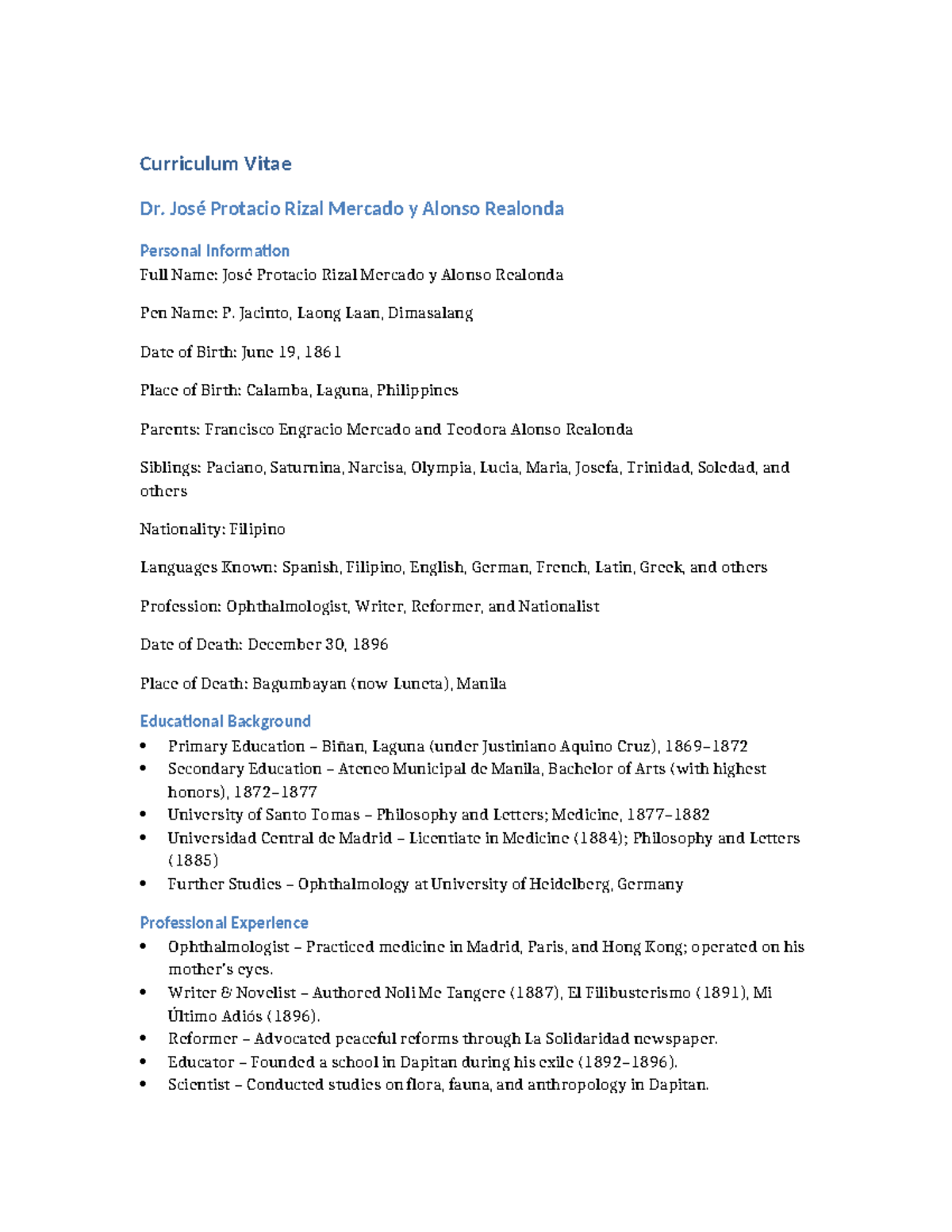 Curriculum Vitae of Dr. José Rizal: A Comprehensive Overview - Studocu
