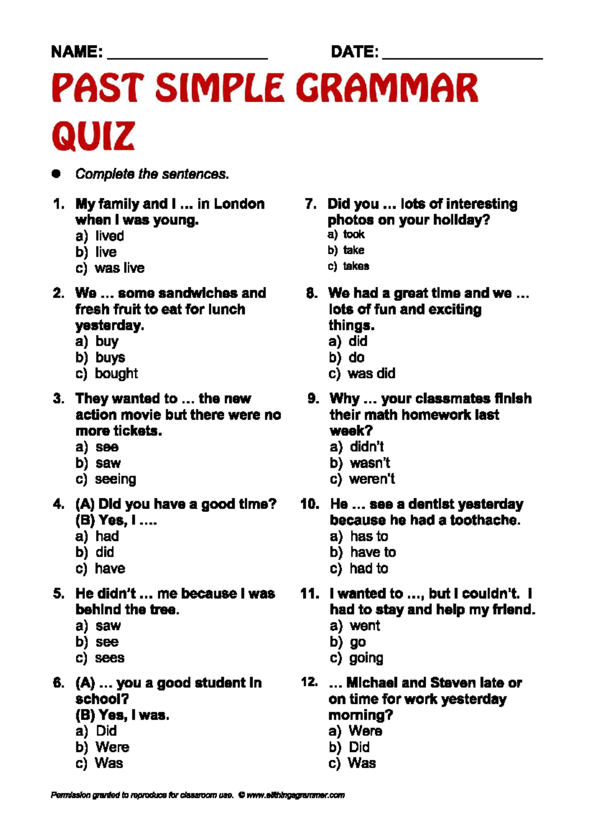 ENG101: Past Simple Grammar Quiz and Exercises - Studocu