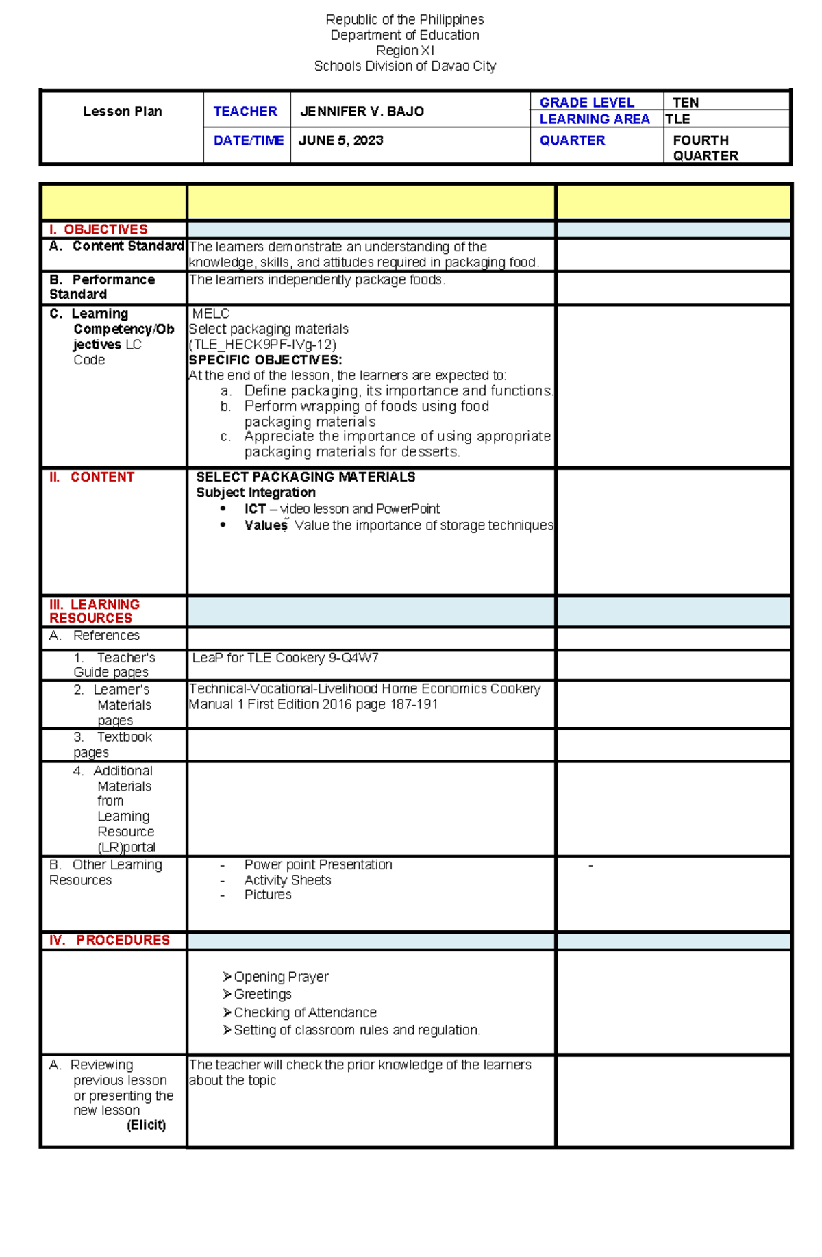 Lesson Plan for TLE (Grade 10) - Packaging Foods (Q4) - Studocu