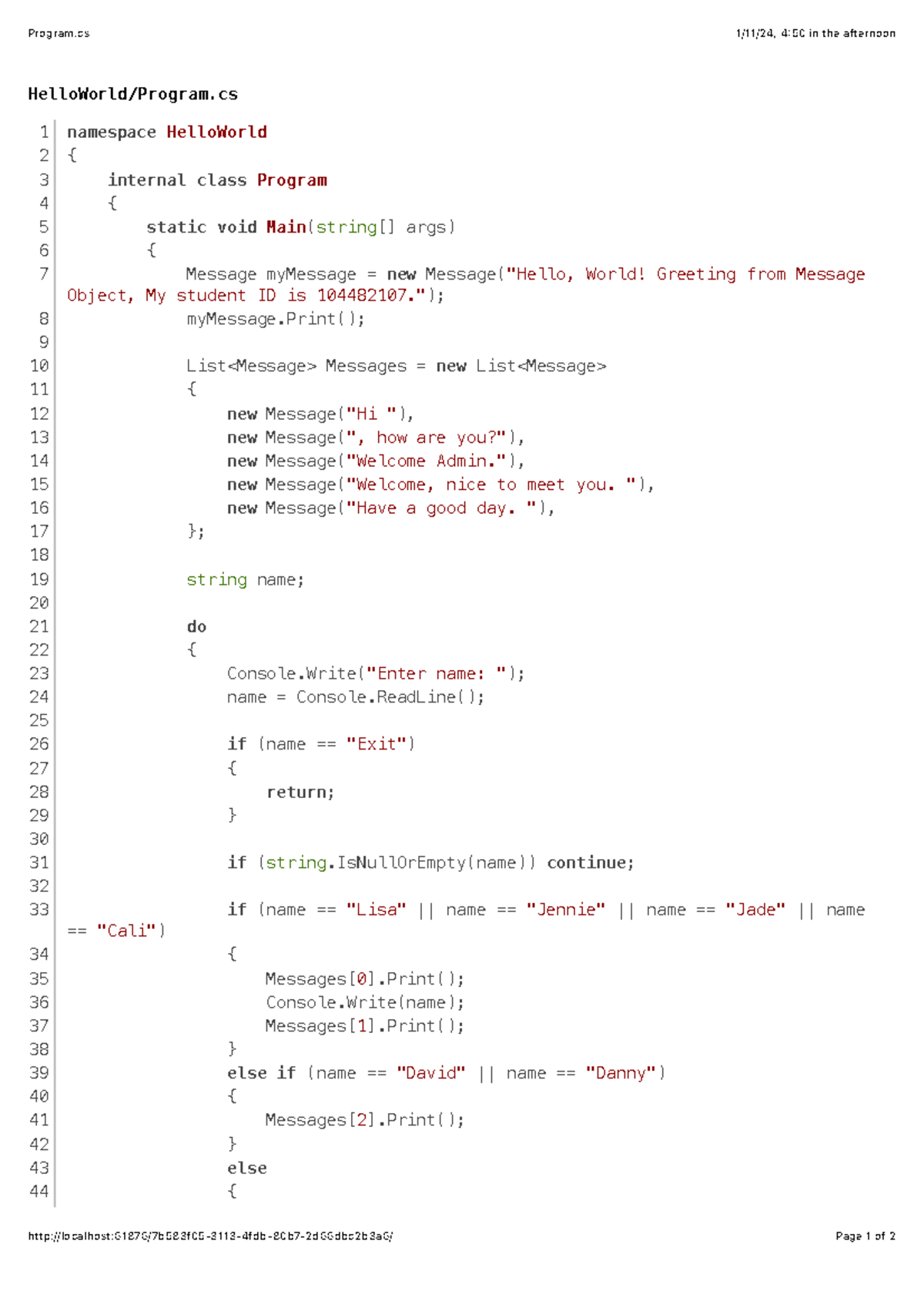 Lab in OOP: Program.cs Code Example and Explanation - Studocu