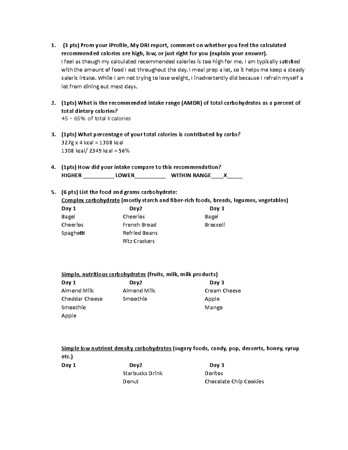 Diet Analysis - Carbohydrates Reflective Review (Part 2) - Studocu