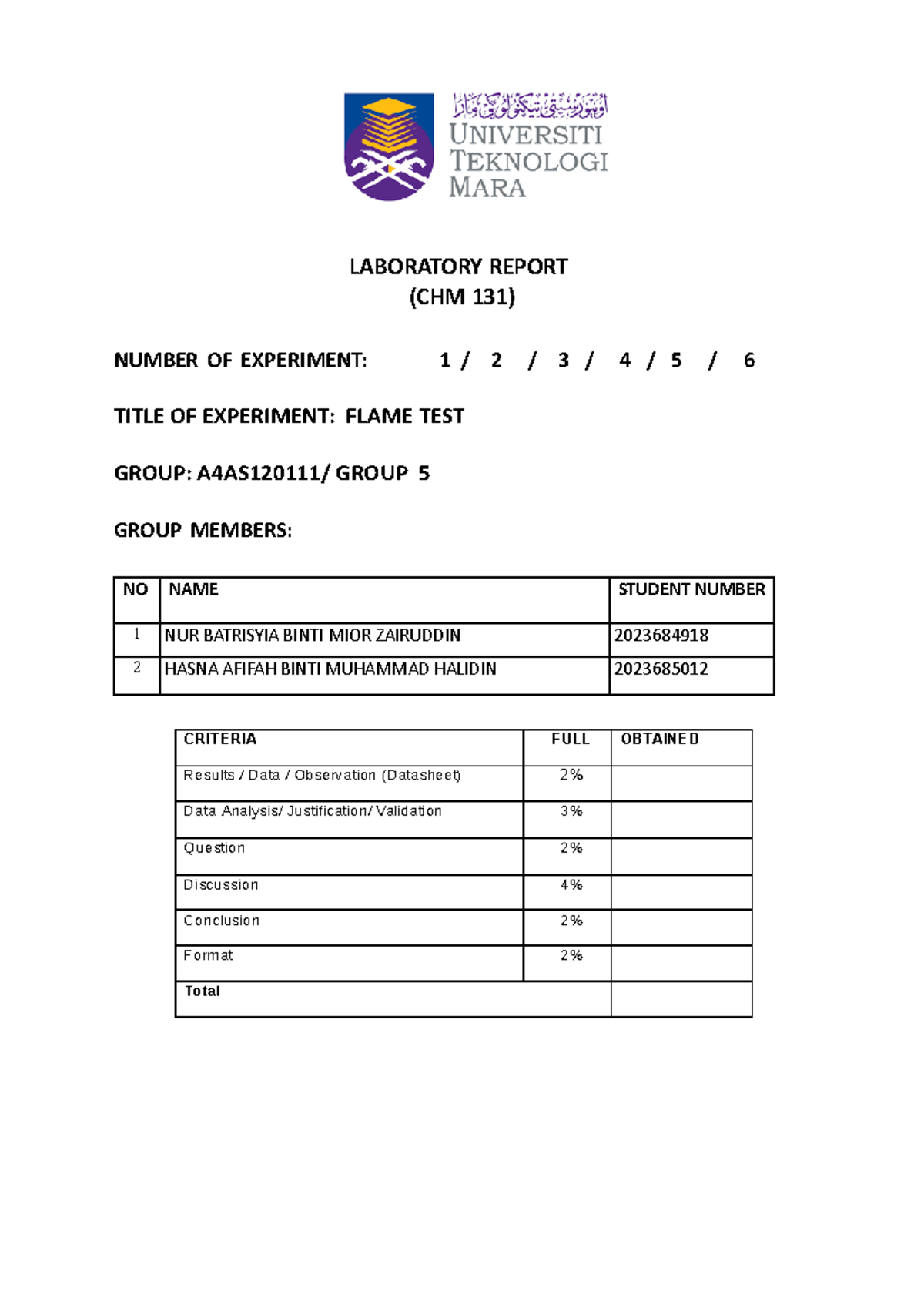 CHM131 Lab Report: Experiment 1 - Flame Test Analysis - Studocu