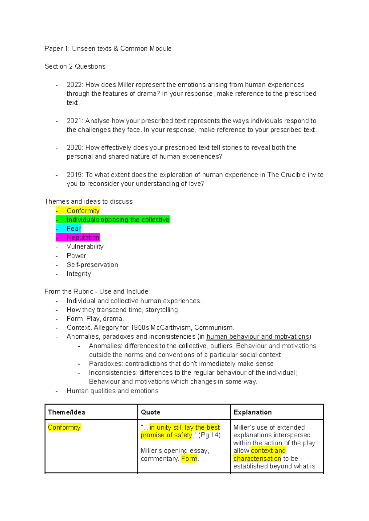 The Crucible Quotes and Themes Analysis for Common Module 654712 - Studocu