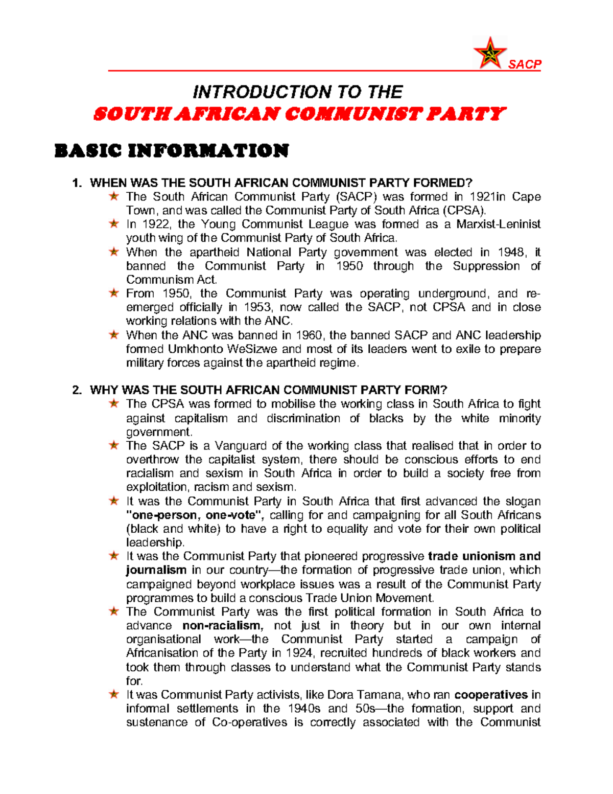 SACP 101: Overview of the South African Communist Party - Studocu