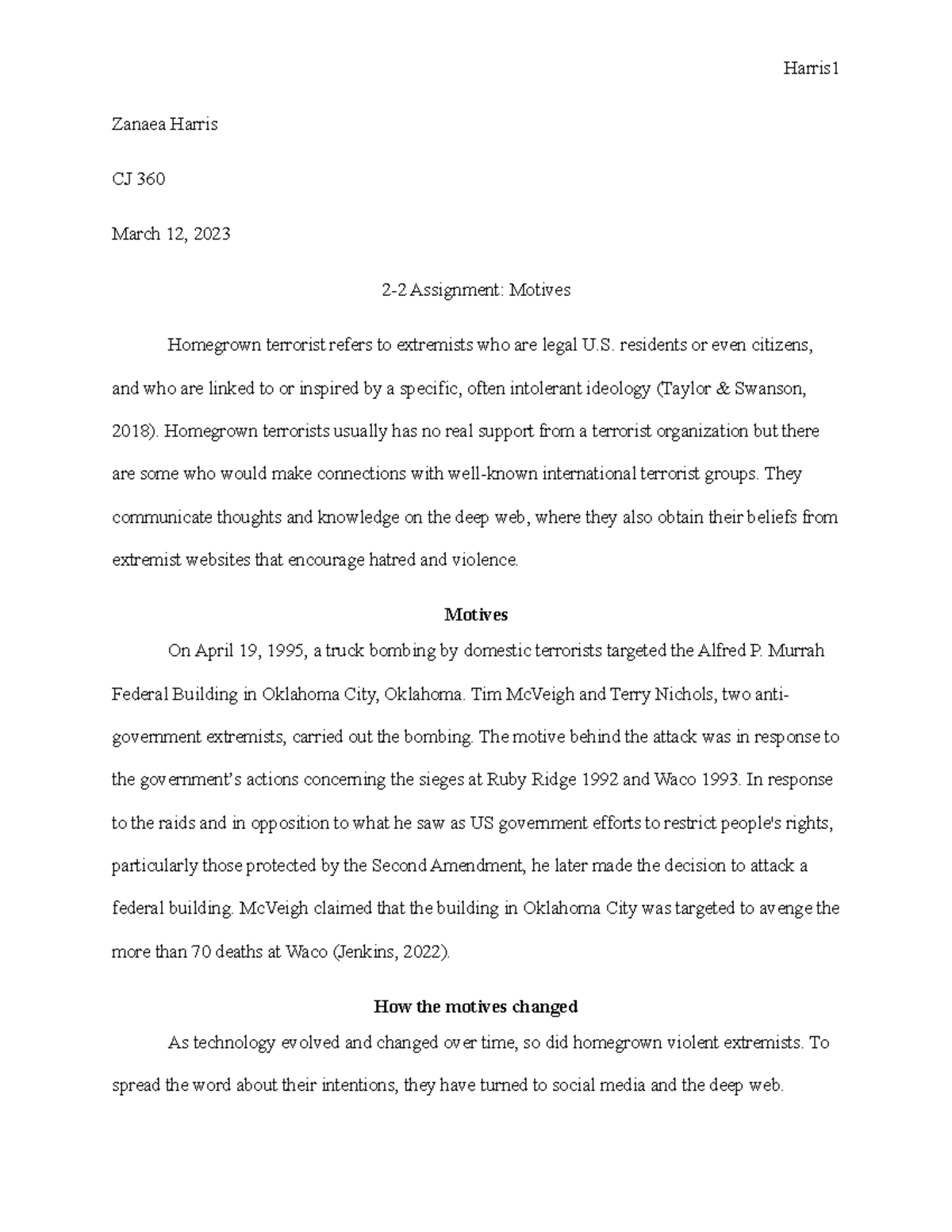 2-2 Assignment Motives - Harris Zanaea Harris CJ 360 March 12, 2023 2-2 ...