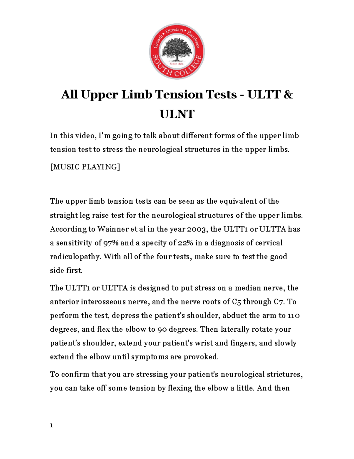 Upper Limb Tension Tests (ULTT) Overview: Techniques & Procedures - Studocu