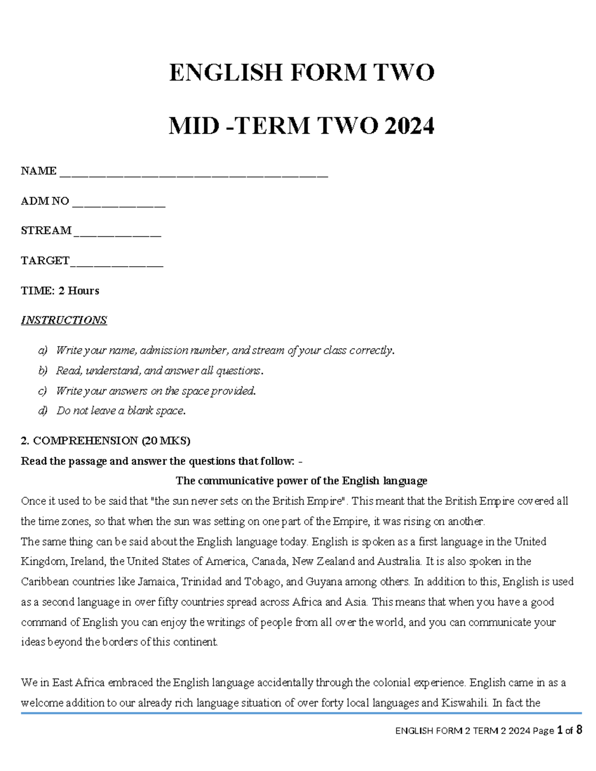 ENG FORM 2 MIDTERM 2 EXAM QUESTIONS 2024 - Studocu